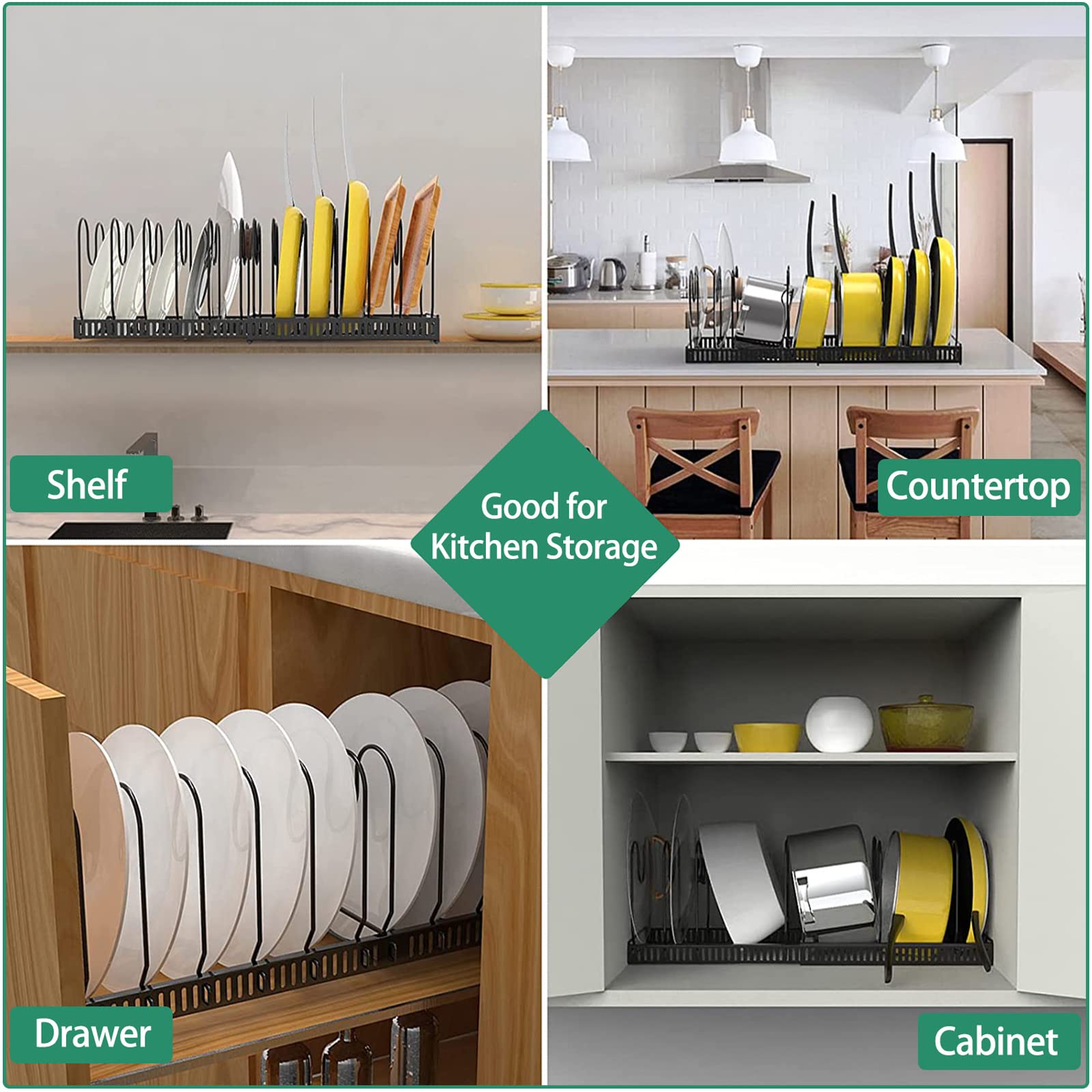 Expandable Pot and Pan Organizers for Cabinet Pot Lid Organizer Pot Rack with 10 Adjustable Dividers Pots Lid Holder Kitchen Pantry Bakeware Organizer and Storage (White)