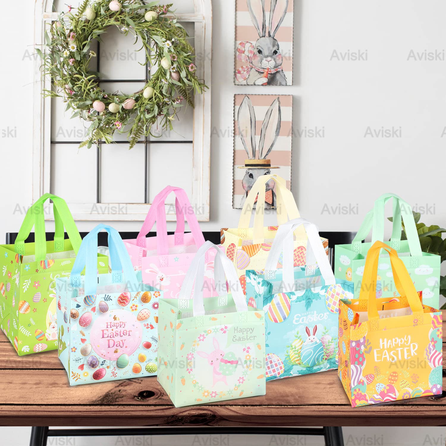 8PCS Happy Easter Egg Hunt Bags Easter Bunny Carrot Chick Egg Gift Bags with Handles, Easter Treat Bags, Multifunctional Non-Woven Easter Bags for Gifts Wrapping, Egg Hunt Game, Easter Party Supplies , 8.3×7.9×5.9inch