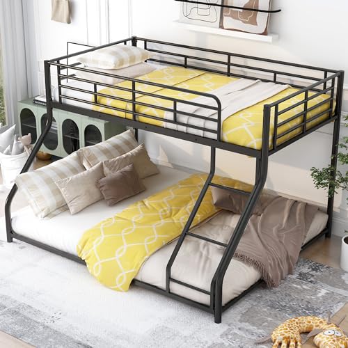 WADRI Metal Floor Bunk Bed with Ladder, Twin XL Over Queen Bunk Bed with Safety Guard Rails, Heavy Duty Metal Bed Frame for Kids Teens Adults Bedroom, Easy Assembly