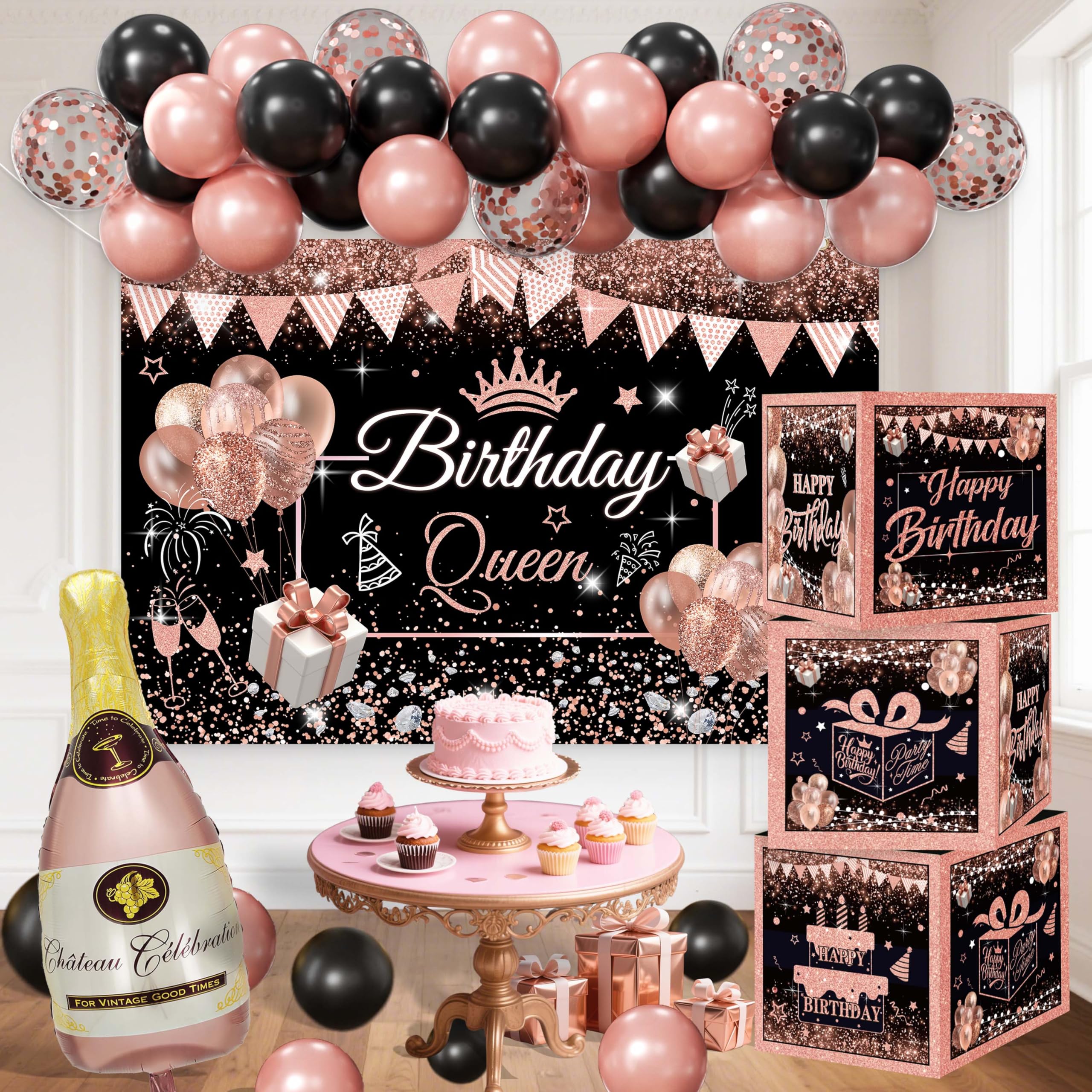 80th birthday decorations for women - (76pack) rose gold party Banner, Pennant, Hanging Swirl, birthday Balloons, Foil Backdrops, cupcake Topper, plates, Photo Props, Birthday Sash for gifts women