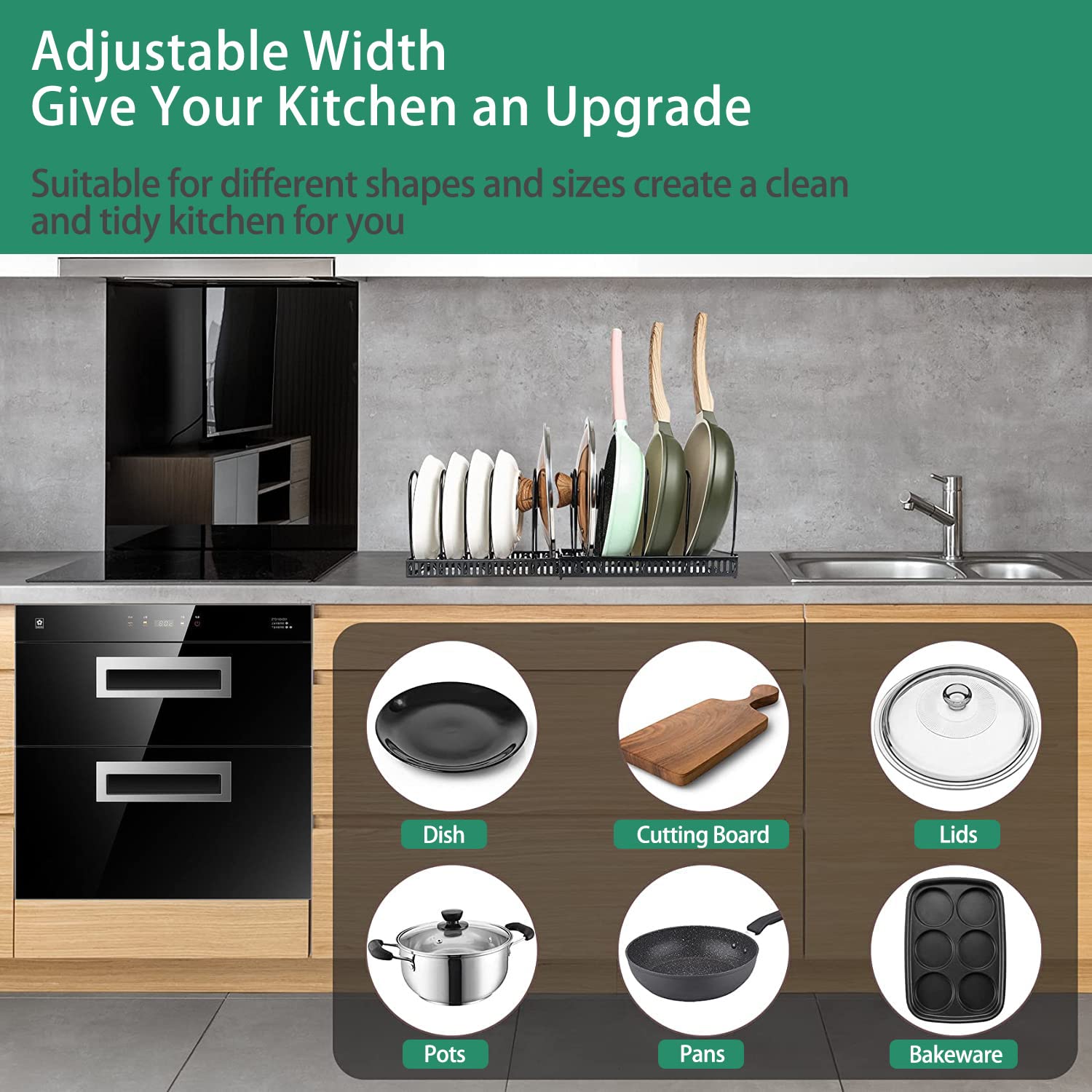 Expandable Pot and Pan Organizers for Cabinet Pot Lid Organizer Pot Rack with 10 Adjustable Dividers Pots Lid Holder Kitchen Pantry Bakeware Organizer and Storage (White)