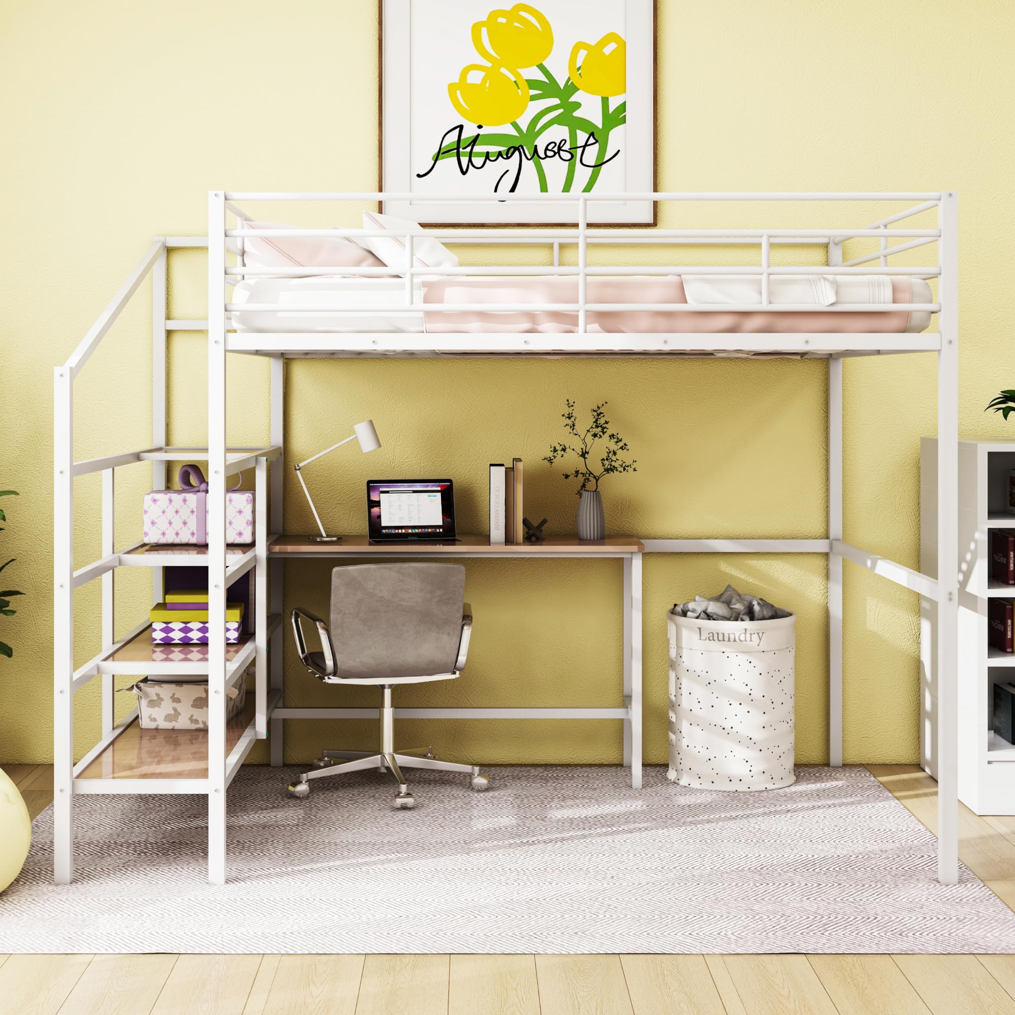 FANYHOME Metal Loft Bed, Full Size Metal Loft Bed with Desk and Lateral Storage Ladder, Modern Loft Bed for Kids Teens, Easy Assembly, Maximize Space Saving (White)
