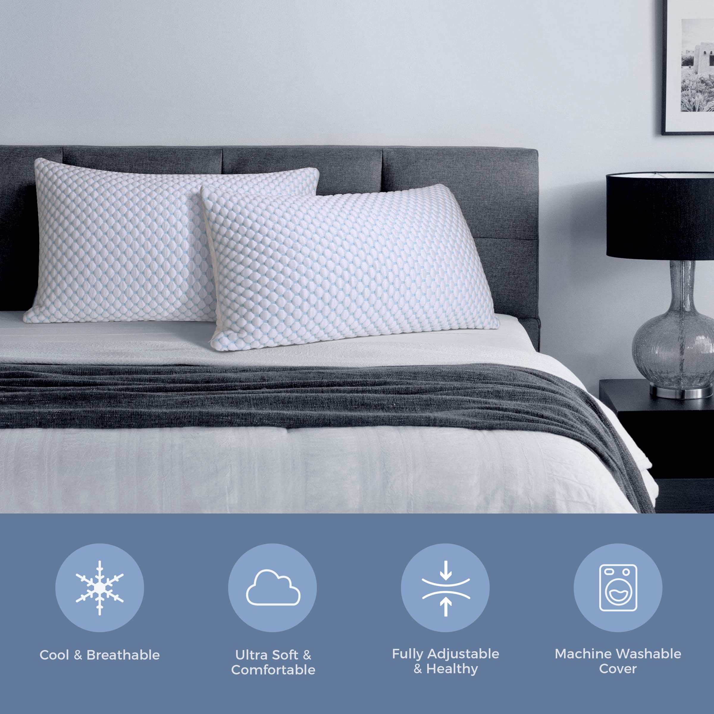 OSBED Shredded Memory Foam Pillows Standard Size Set of 2, Cooling Pillows for Sleeping 2 Pack, Adjustable Loft Bed Pillows, Firm or Soft Pillows for Side, Back, Stomach, Hot Sleepers (20"x 26")