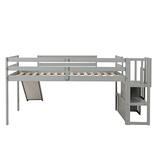 HABUHOME Loft Bed with Staircase, Storage, Slide, Twin Size, Full-Length Safety Guardrails, No Box Spring Needed, Grey