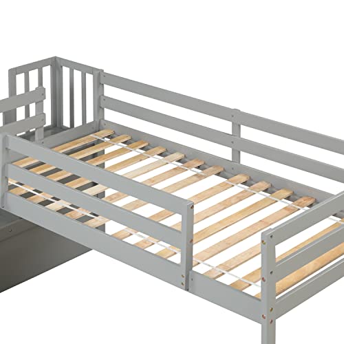 HABUHOME Loft Bed with Staircase, Storage, Slide, Twin Size, Full-Length Safety Guardrails, No Box Spring Needed, Grey