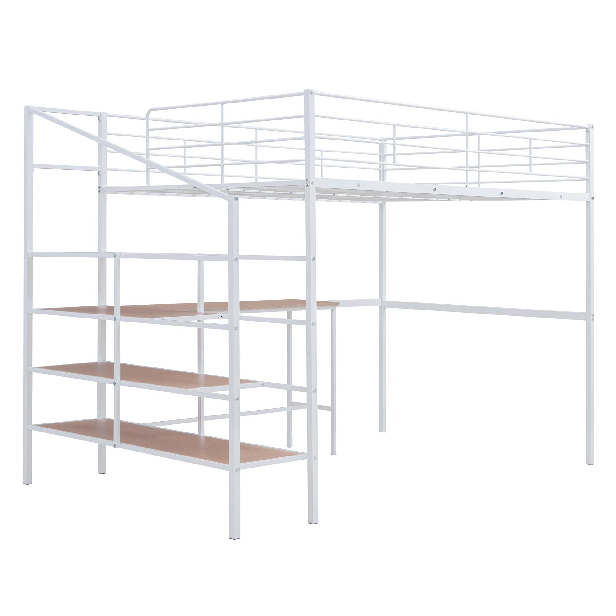 FANYHOME Metal Loft Bed, Full Size Metal Loft Bed with Desk and Lateral Storage Ladder, Modern Loft Bed for Kids Teens, Easy Assembly, Maximize Space Saving (White)