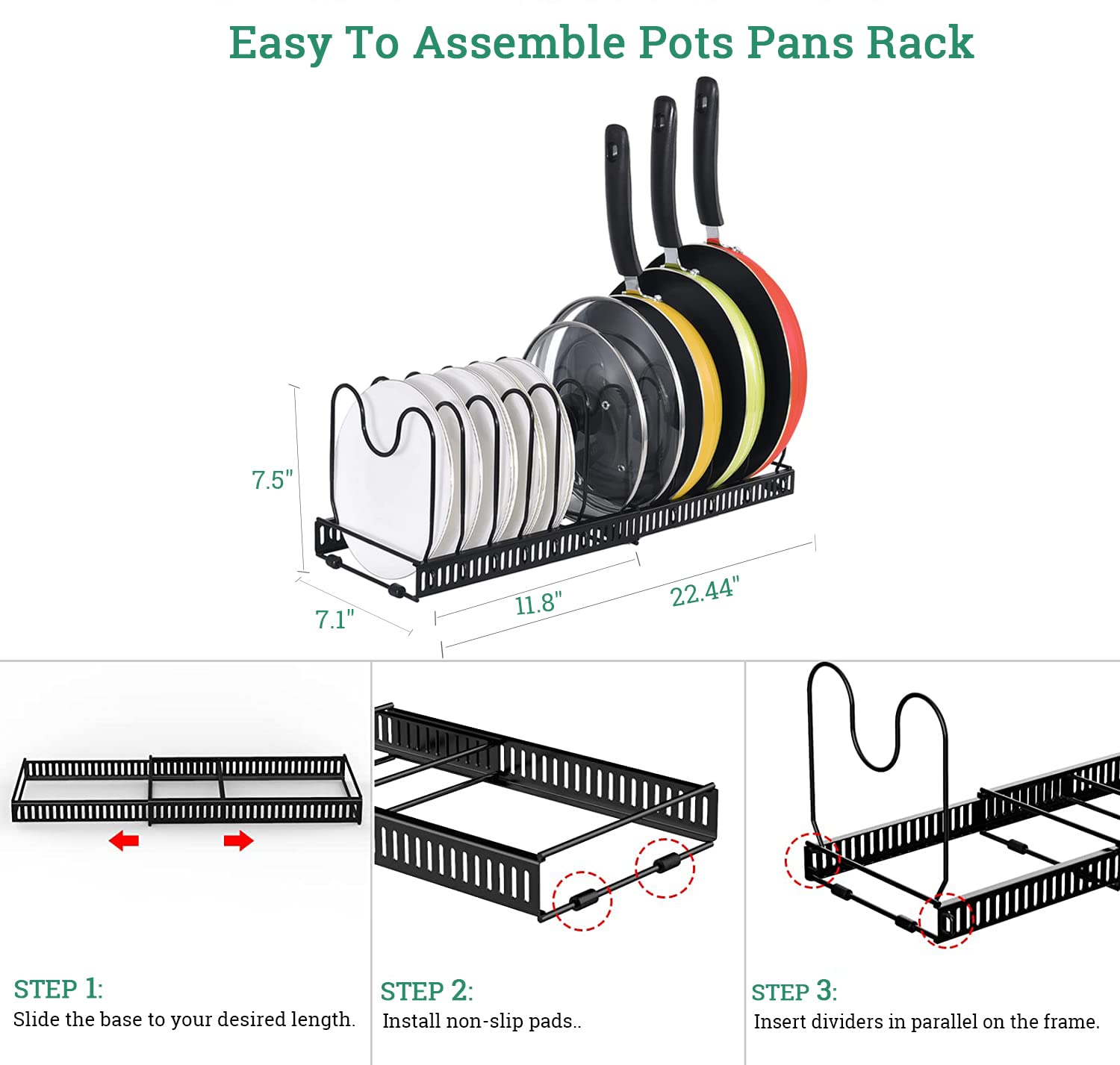 Expandable Pot and Pan Organizers for Cabinet Pot Lid Organizer Pot Rack with 10 Adjustable Dividers Pots Lid Holder Kitchen Pantry Bakeware Organizer and Storage (White)