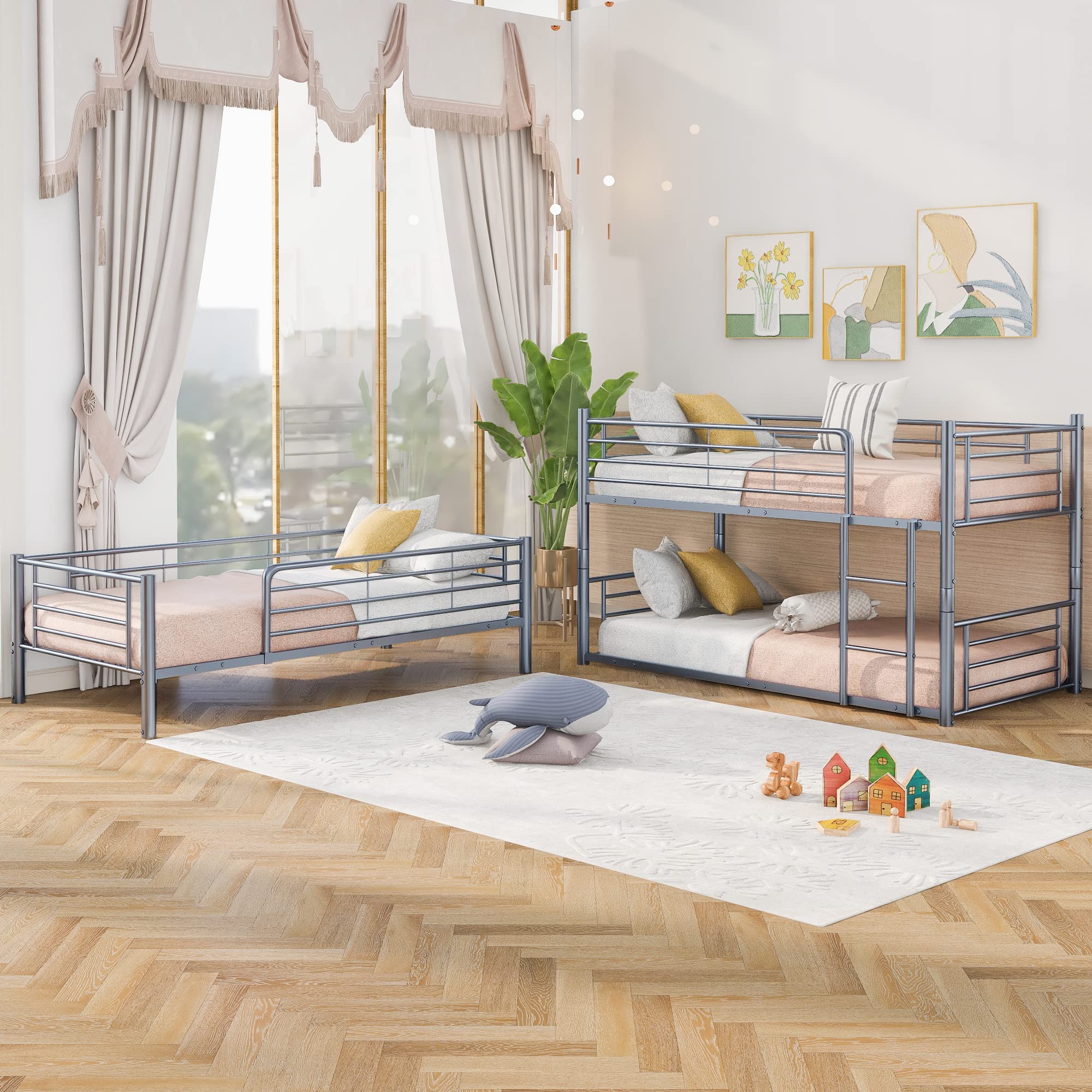 BIADNBZ Triple Bunk Bed with Built-in Ladder and Full-Length Guardrails, Twin Size Metal Bunkbeds w/Sturdy Frame for Kids, Boys, Girls, Teens, Divided into Three Separate Beds,Gray