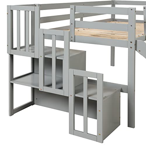 HABUHOME Loft Bed with Staircase, Storage, Slide, Twin Size, Full-Length Safety Guardrails, No Box Spring Needed, Grey