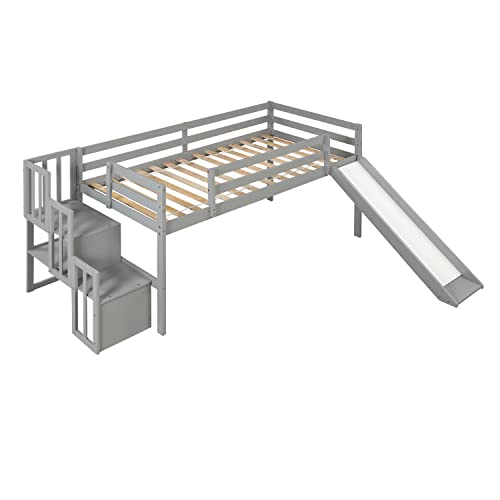 HABUHOME Loft Bed with Staircase, Storage, Slide, Twin Size, Full-Length Safety Guardrails, No Box Spring Needed, Grey