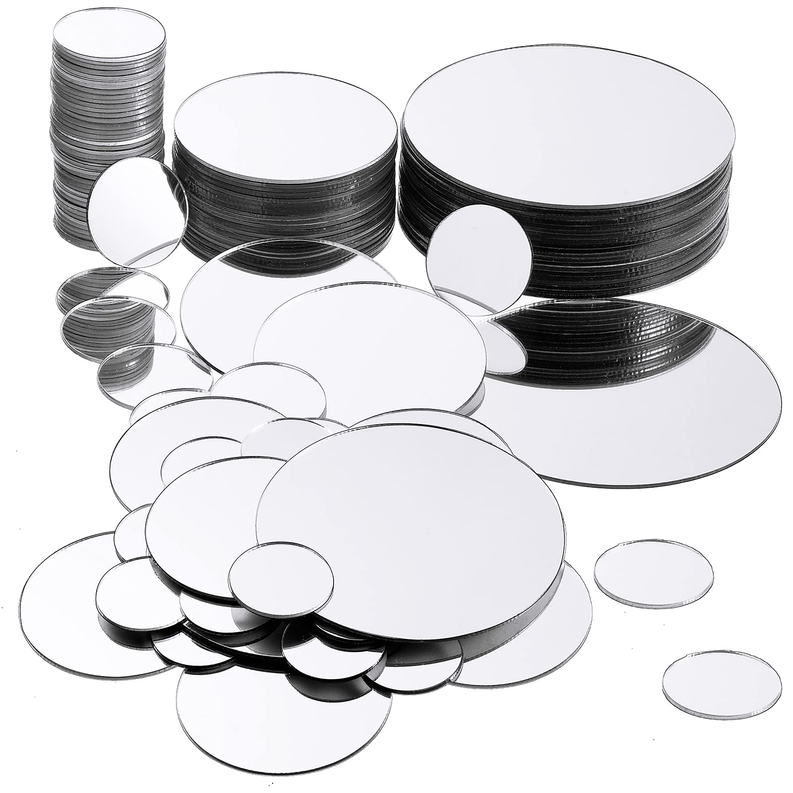 100 Pieces Mini Size Round Mirror Small Round Mirror Adhesive Mirror Round Craft Mirror Tiles for Crafts and DIY Projects Supplies, 1 Inch, 2 Inch, 3 Inch (SilverïŒ