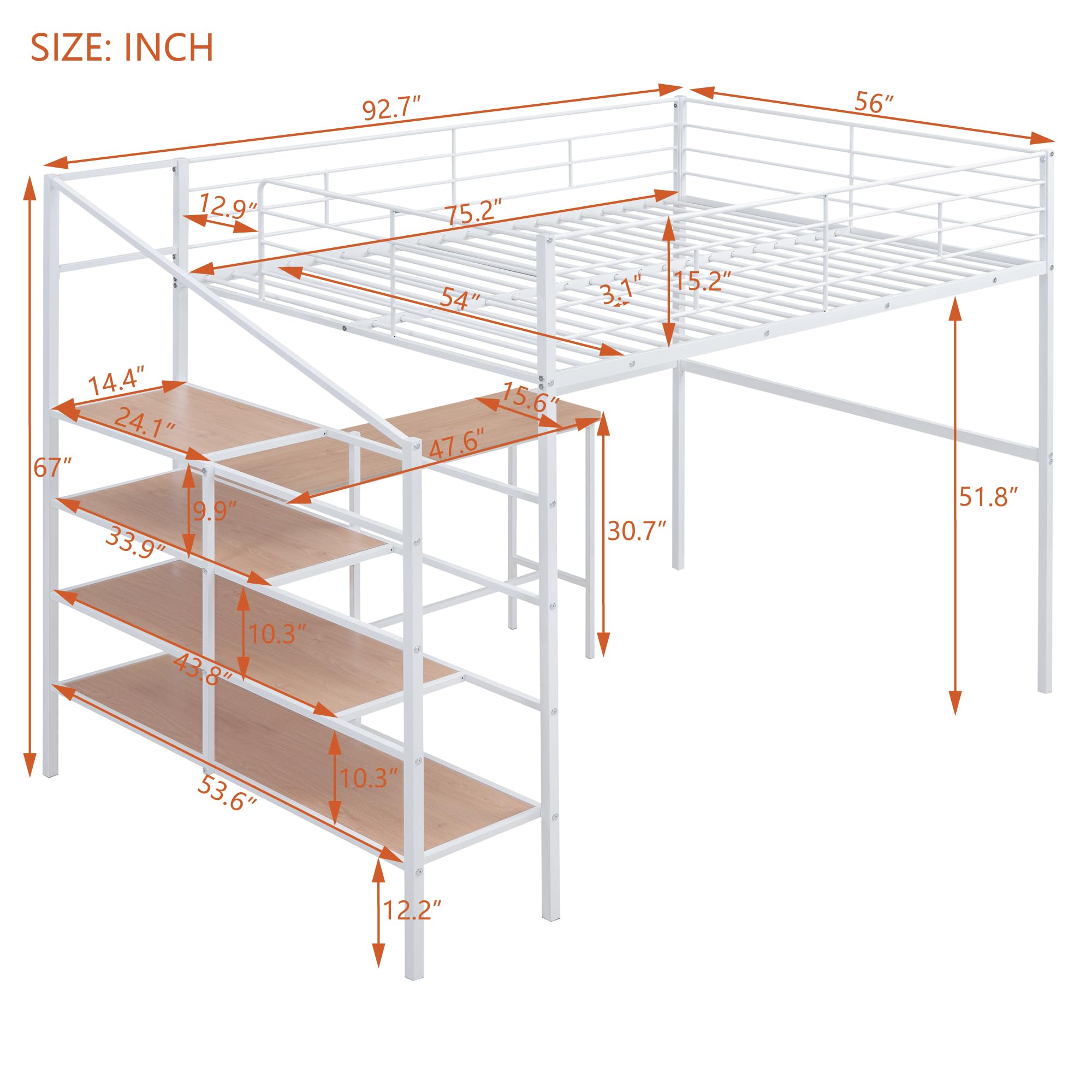 FANYHOME Metal Loft Bed, Full Size Metal Loft Bed with Desk and Lateral Storage Ladder, Modern Loft Bed for Kids Teens, Easy Assembly, Maximize Space Saving (White)