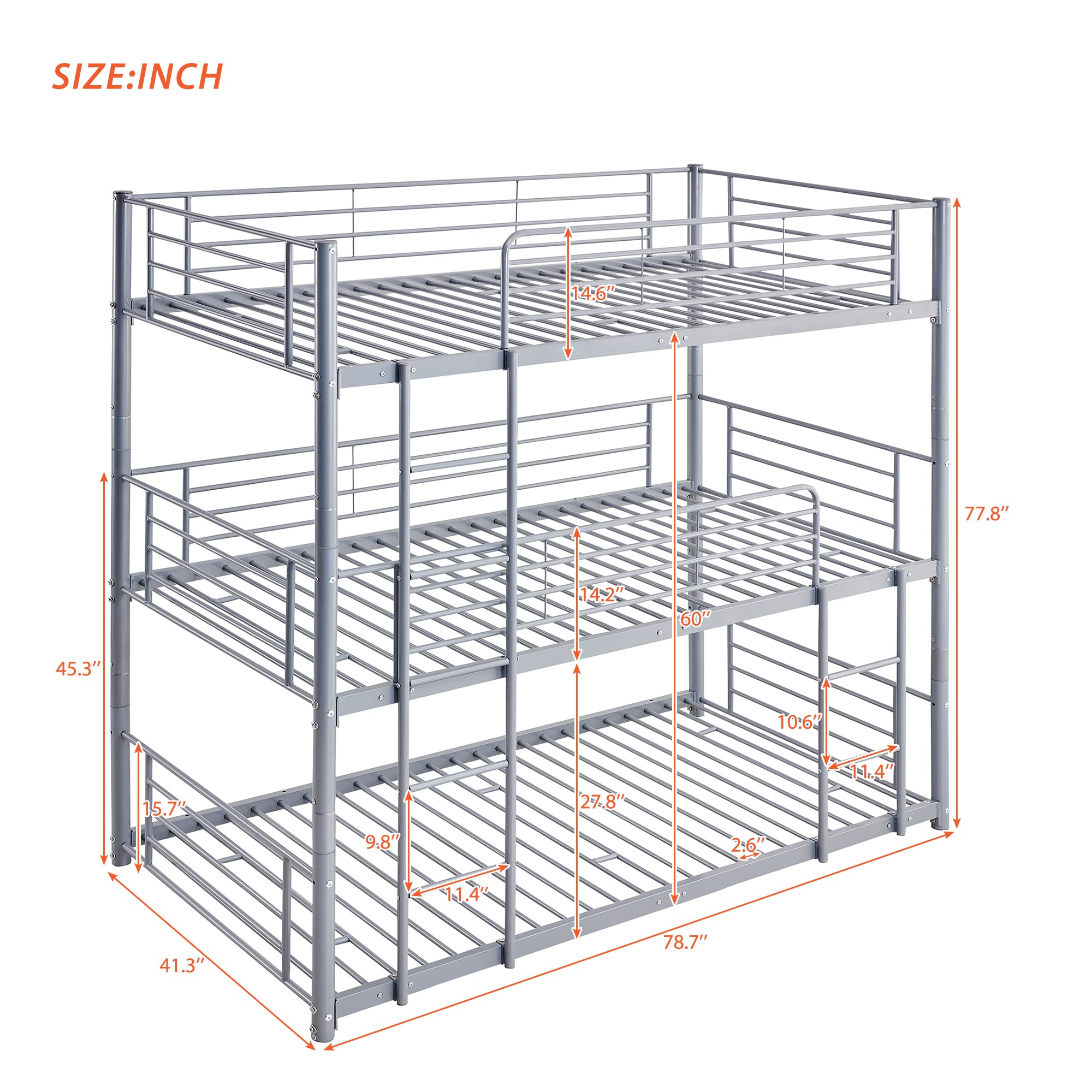 BIADNBZ Triple Bunk Bed with Built-in Ladder and Full-Length Guardrails, Twin Size Metal Bunkbeds w/Sturdy Frame for Kids, Boys, Girls, Teens, Divided into Three Separate Beds,Gray