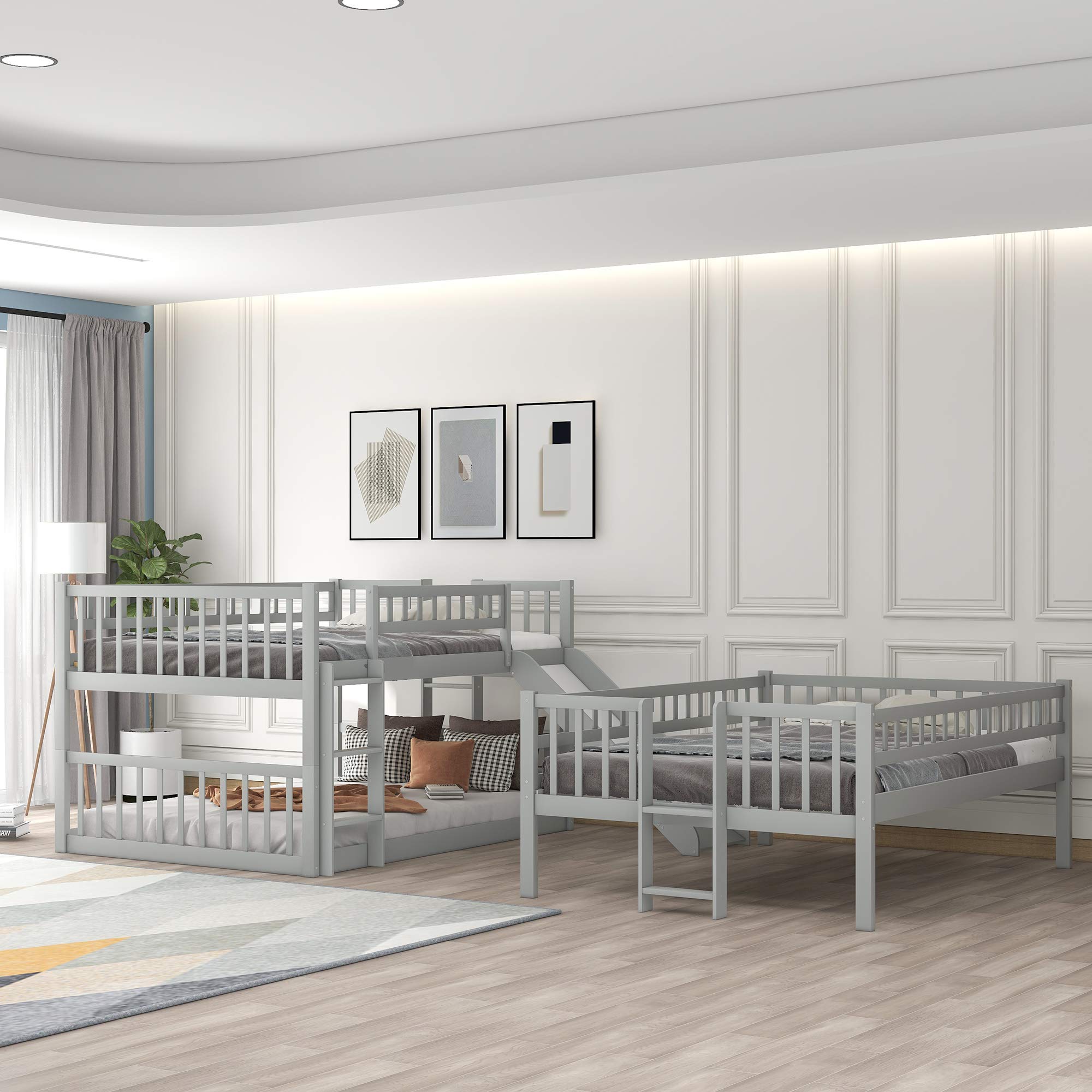 HABUHOME Full-Over-Full-Over-Full Bunk Bed with Built-in Ladder and Slide, Wooden Triple Bunk Bed with Guardrails,Gray