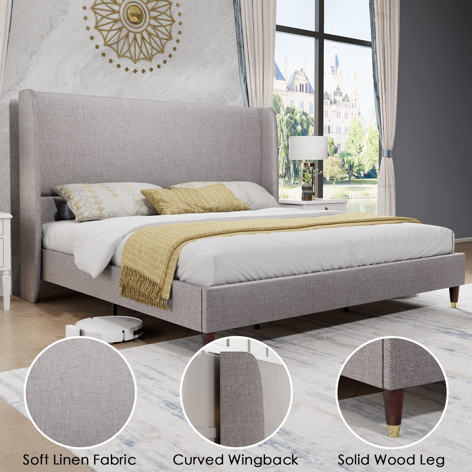 PaPaJet Queen Platform Bed Frame 51.2" High Headboard Linen Tall Upholstered Bed/No Box Spring Required/Wood Slat Support/Easy Assembly Light Grey