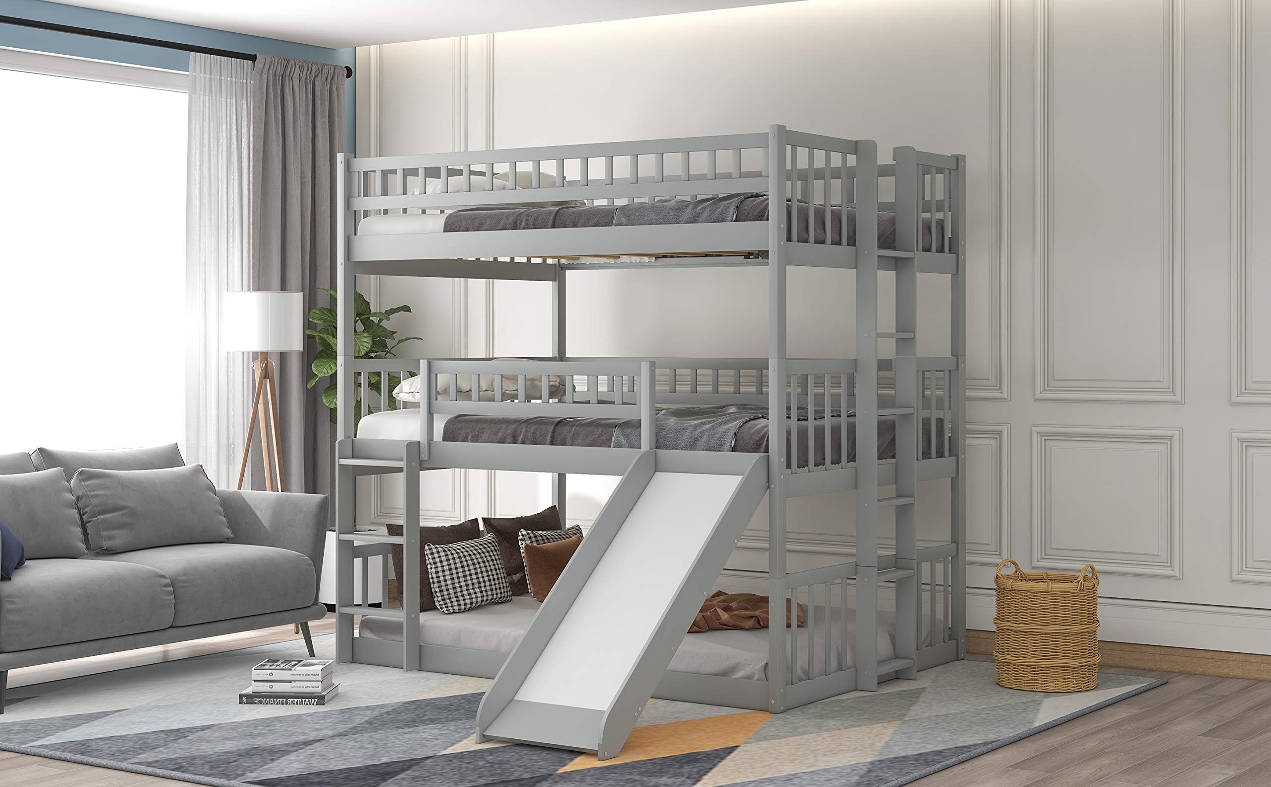 HABUHOME Full-Over-Full-Over-Full Bunk Bed with Built-in Ladder and Slide, Wooden Triple Bunk Bed with Guardrails,Gray