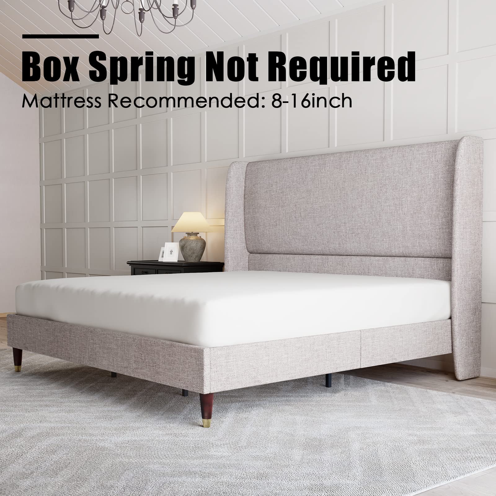 PaPaJet Queen Platform Bed Frame 51.2" High Headboard Linen Tall Upholstered Bed/No Box Spring Required/Wood Slat Support/Easy Assembly Light Grey