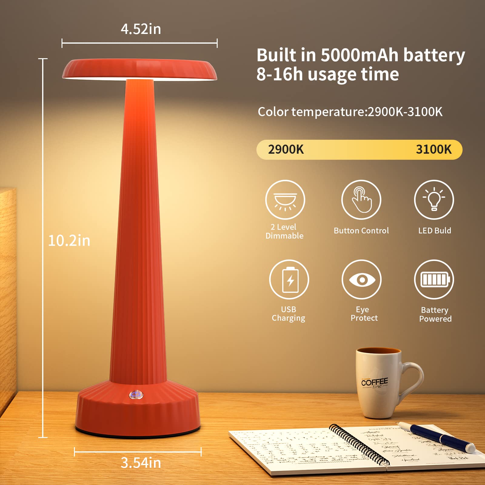 YHT Cordless Table Lamps, LED Portable Desk Lamp 5000mAh USB Rechargeable Battery Powered Table Dining Light Dimmable 2 Level Dimmable Indoor Outdoor Restaurant Bar Cafe Patio-Red