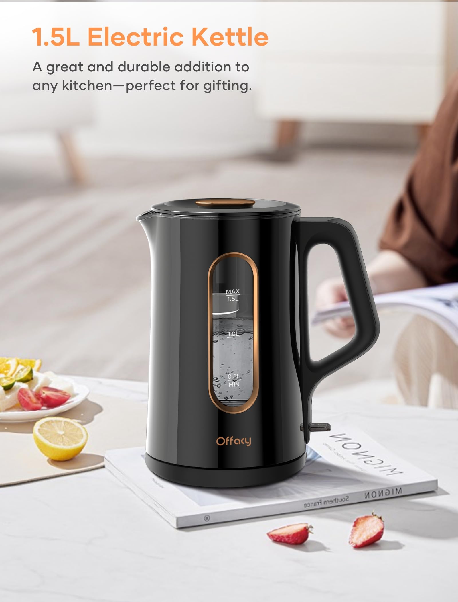 Electric Kettle, 304 Stainless Steel Interior, BPA-Free, Double Wall 1.5L Hot Water Boiler, 1500W Tea Kettle with Auto Shut-Off & Boil Dry Protection, Cordless Base & LED Indicator