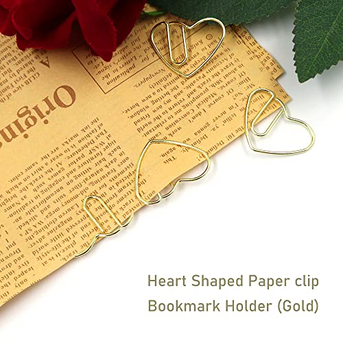 Betinyar 100 Pieces Paper Clips Cute, Love Heart Shaped Paper Clips, Metal Small Paper Clips, Bookmark Document Organizing Clip for School Office (Gold)