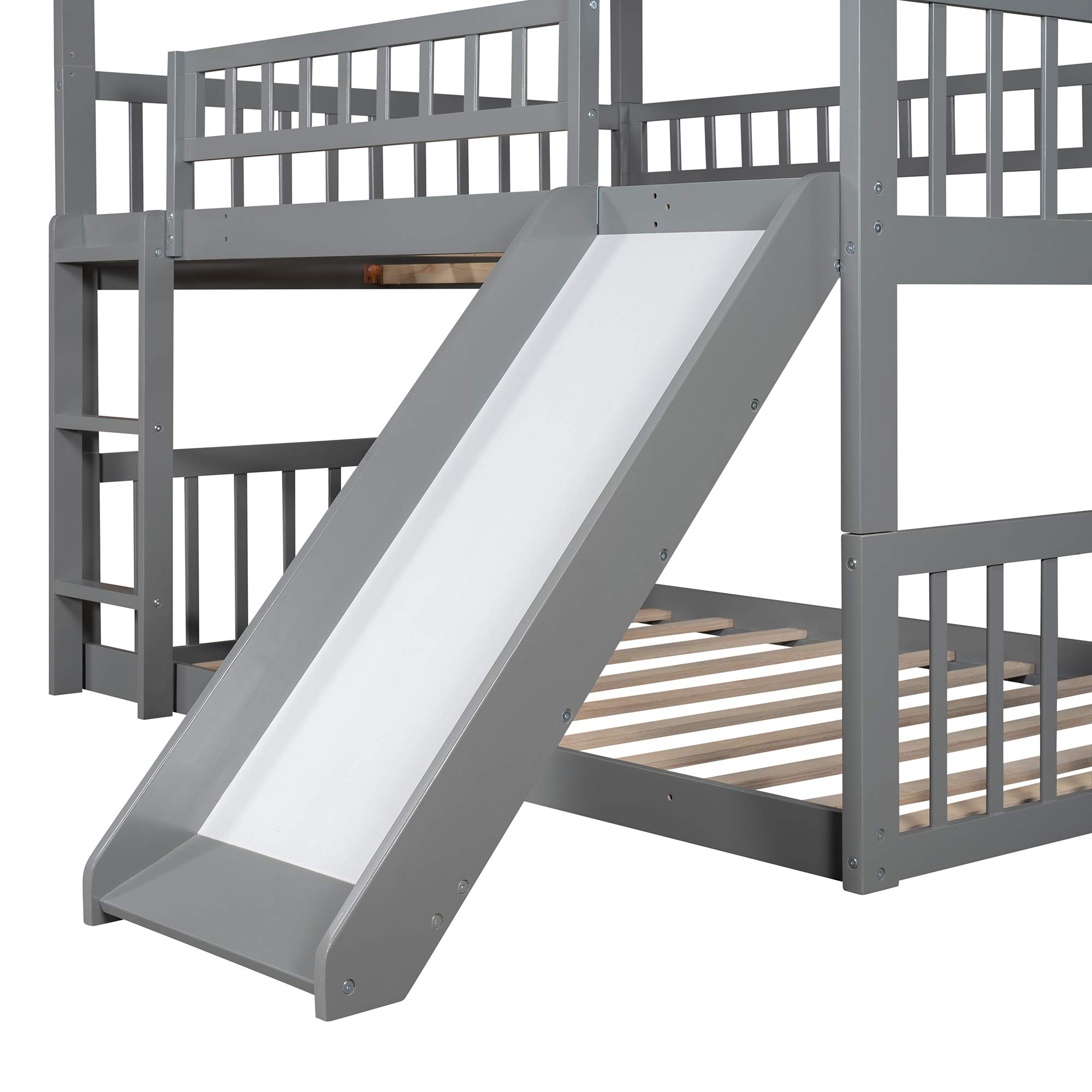 HABUHOME Full-Over-Full-Over-Full Bunk Bed with Built-in Ladder and Slide, Wooden Triple Bunk Bed with Guardrails,Gray