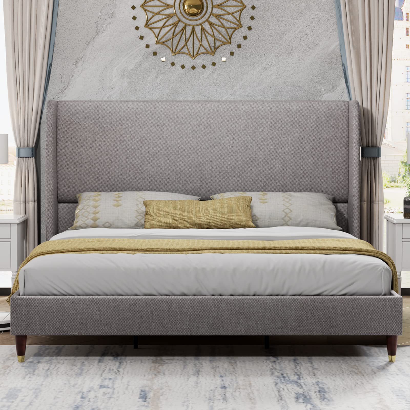 PaPaJet Queen Platform Bed Frame 51.2" High Headboard Linen Tall Upholstered Bed/No Box Spring Required/Wood Slat Support/Easy Assembly Light Grey