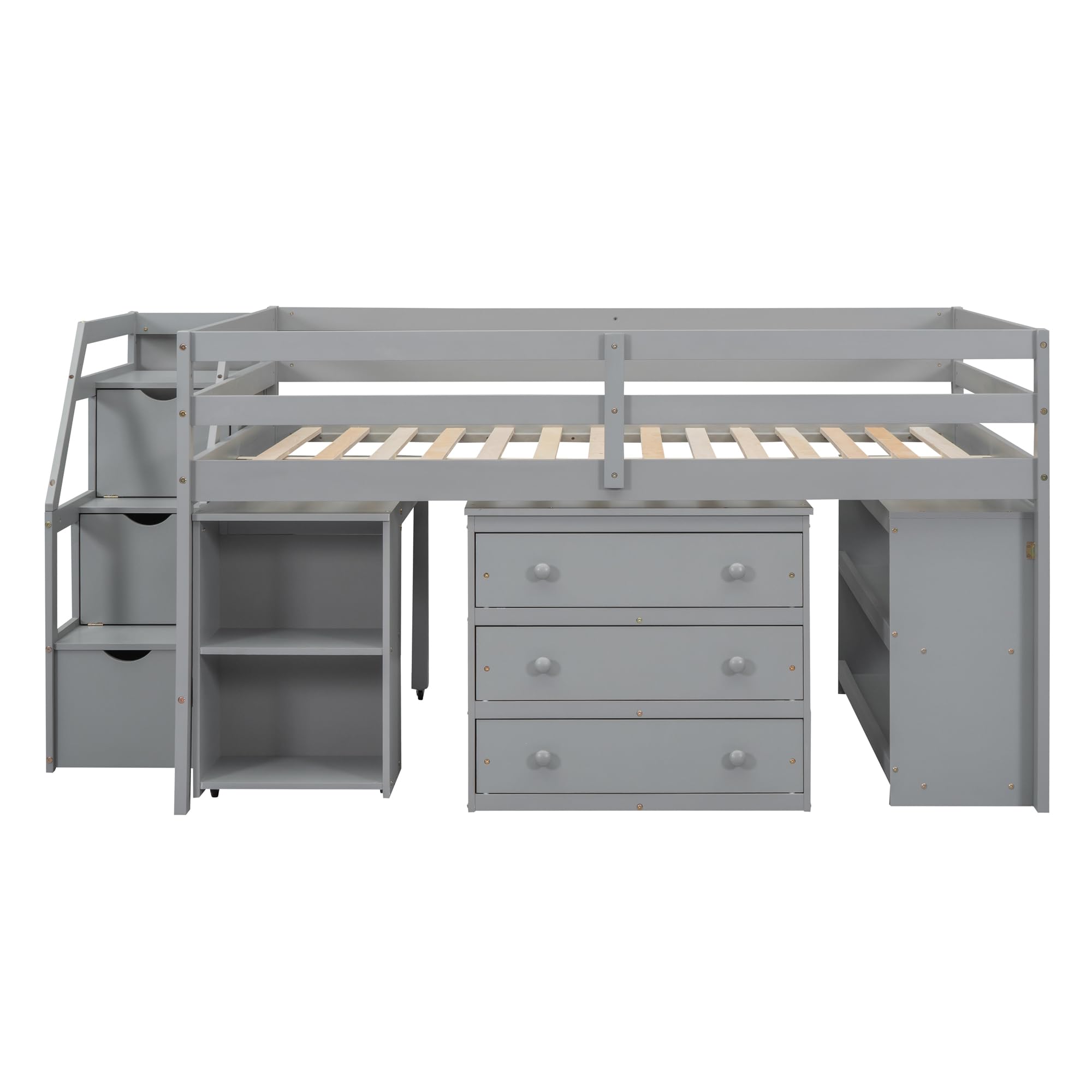 Merax Full Size Loft Bed with Retractable Writing Desk and 3 Drawers, Wooden Loft Bed