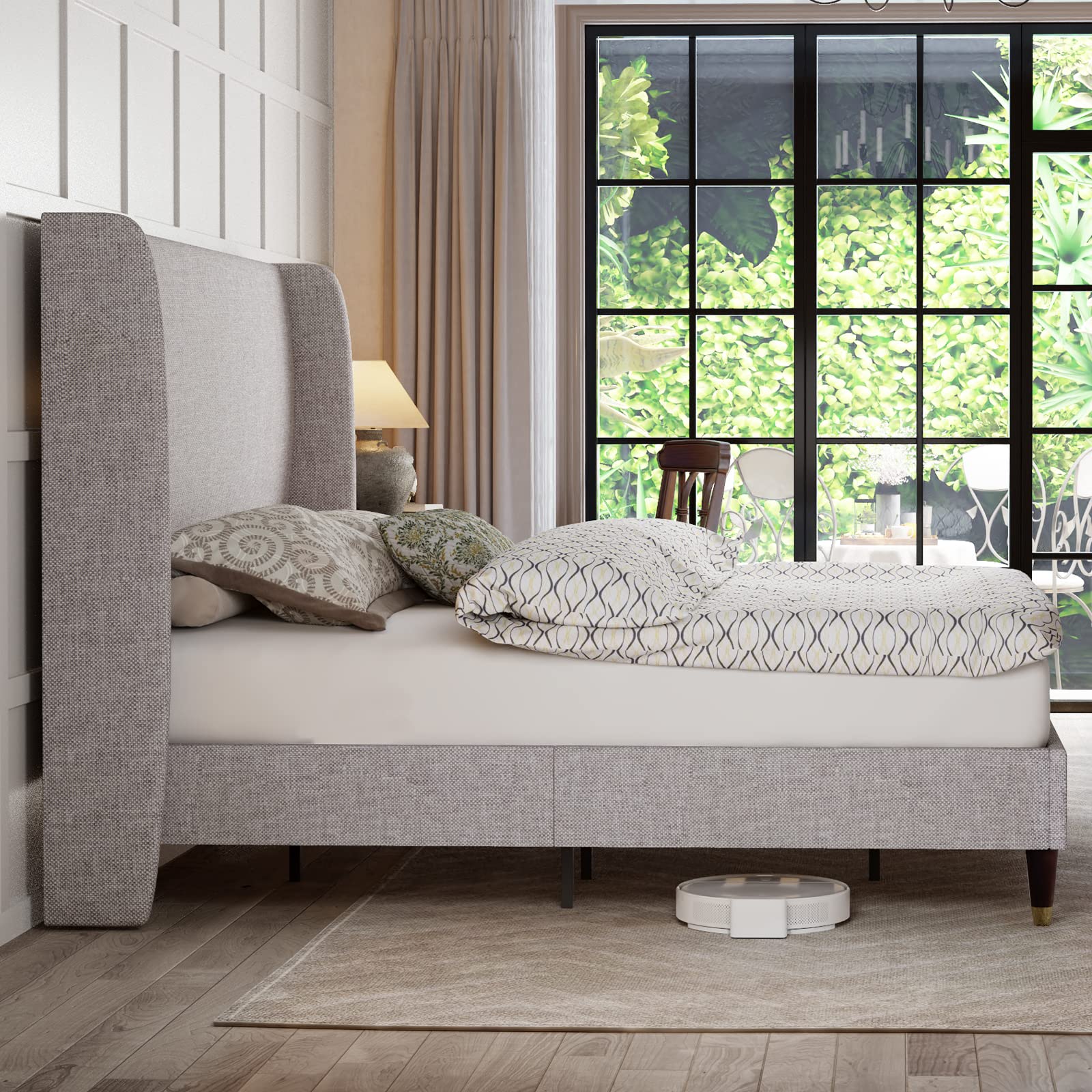 PaPaJet Queen Platform Bed Frame 51.2" High Headboard Linen Tall Upholstered Bed/No Box Spring Required/Wood Slat Support/Easy Assembly Light Grey