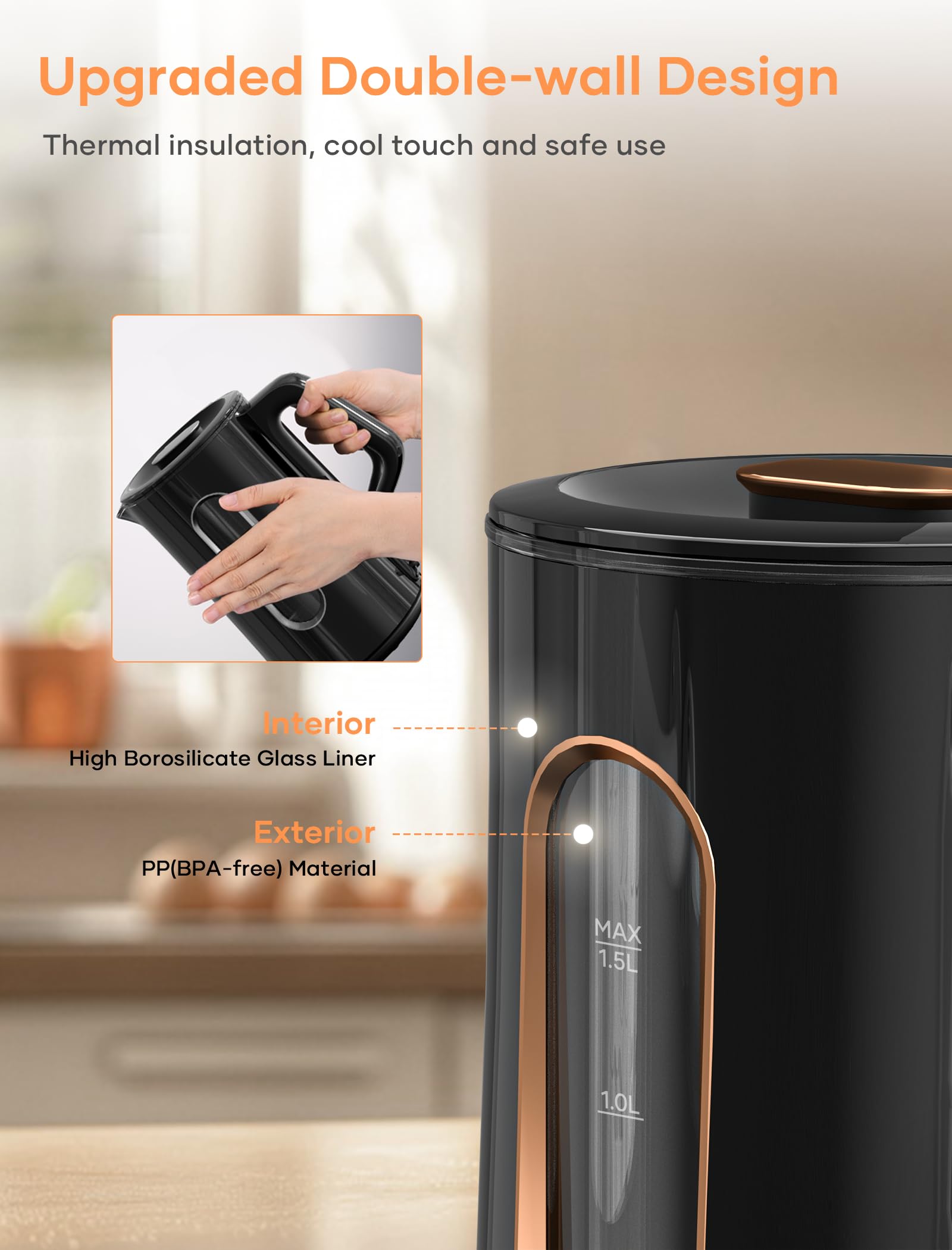 Electric Kettle, 304 Stainless Steel Interior, BPA-Free, Double Wall 1.5L Hot Water Boiler, 1500W Tea Kettle with Auto Shut-Off & Boil Dry Protection, Cordless Base & LED Indicator