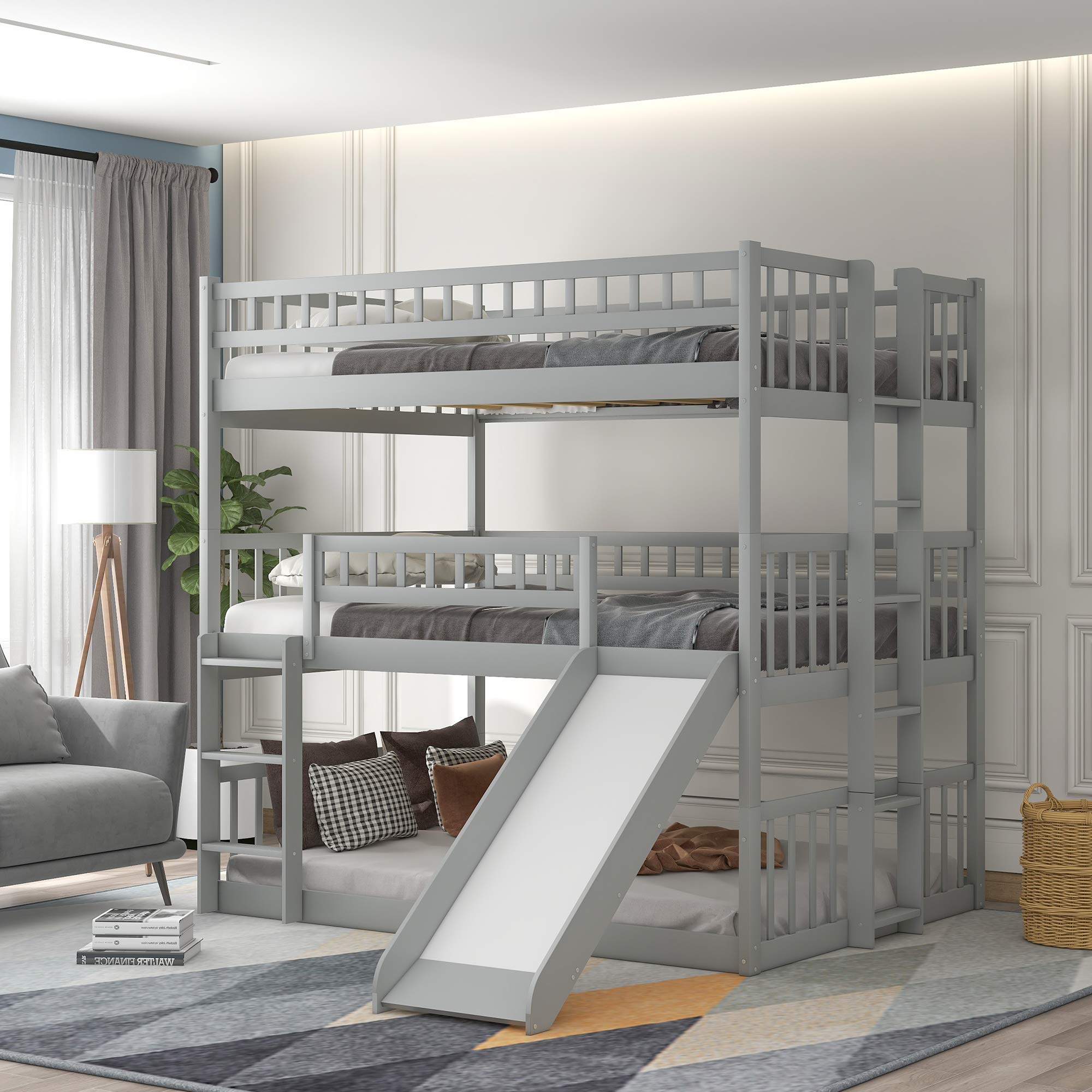 HABUHOME Full-Over-Full-Over-Full Bunk Bed with Built-in Ladder and Slide, Wooden Triple Bunk Bed with Guardrails,Gray