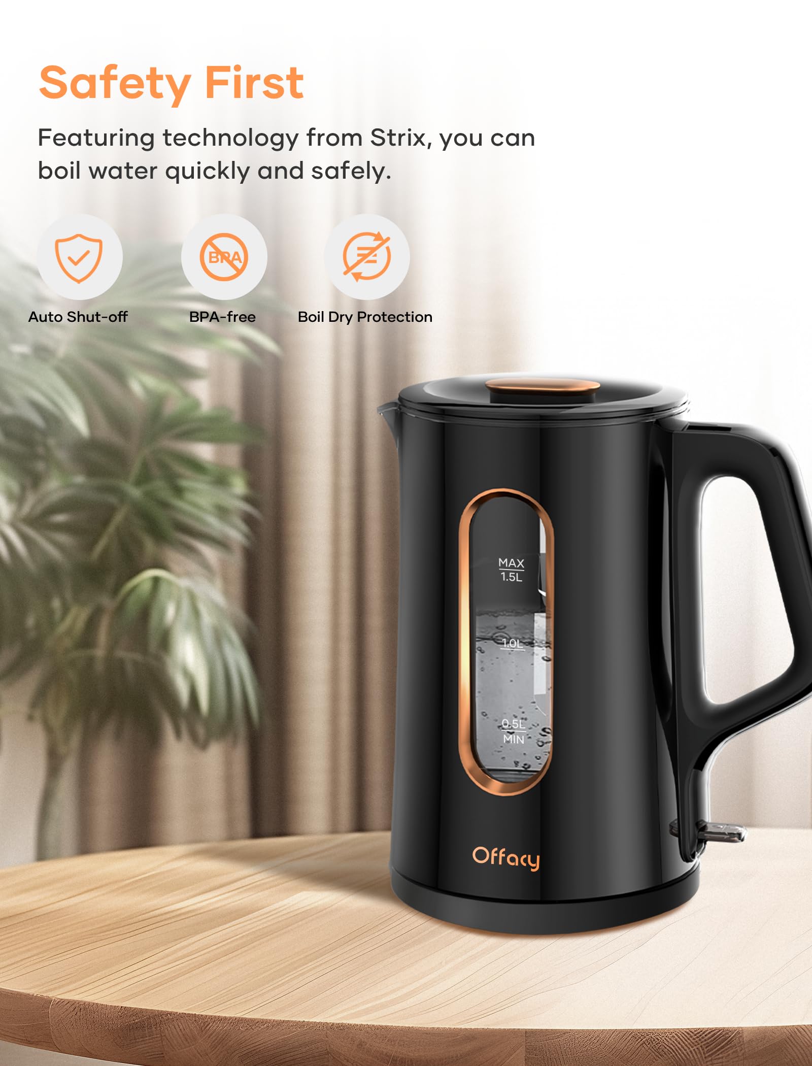 Electric Kettle, 304 Stainless Steel Interior, BPA-Free, Double Wall 1.5L Hot Water Boiler, 1500W Tea Kettle with Auto Shut-Off & Boil Dry Protection, Cordless Base & LED Indicator