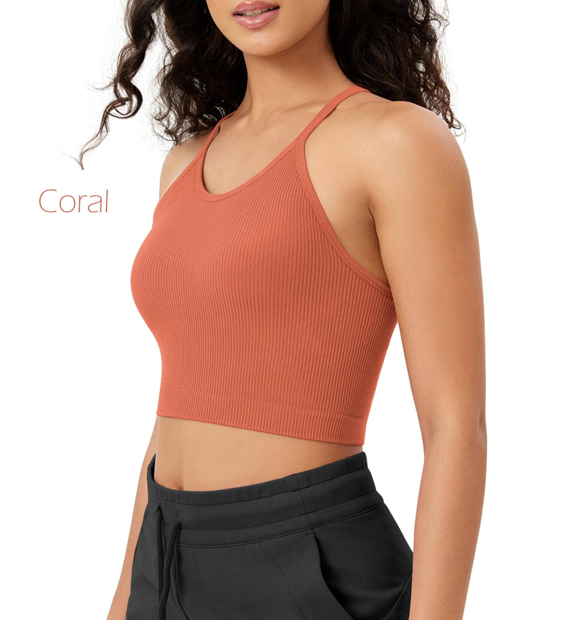 ODODOS Women's Crop Camisole 3-Pack Washed Seamless Rib-Knit Crop Tank Tops, Beige Coral Teal, Medium/Large