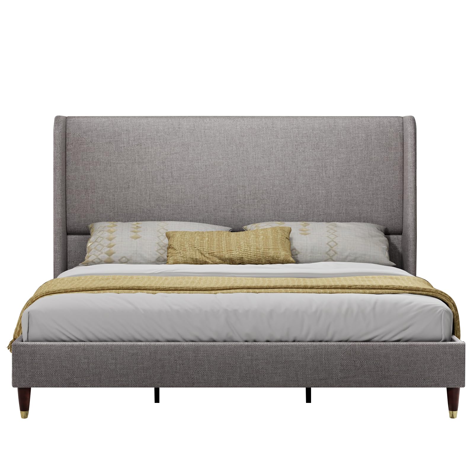PaPaJet Queen Platform Bed Frame 51.2" High Headboard Linen Tall Upholstered Bed/No Box Spring Required/Wood Slat Support/Easy Assembly Light Grey