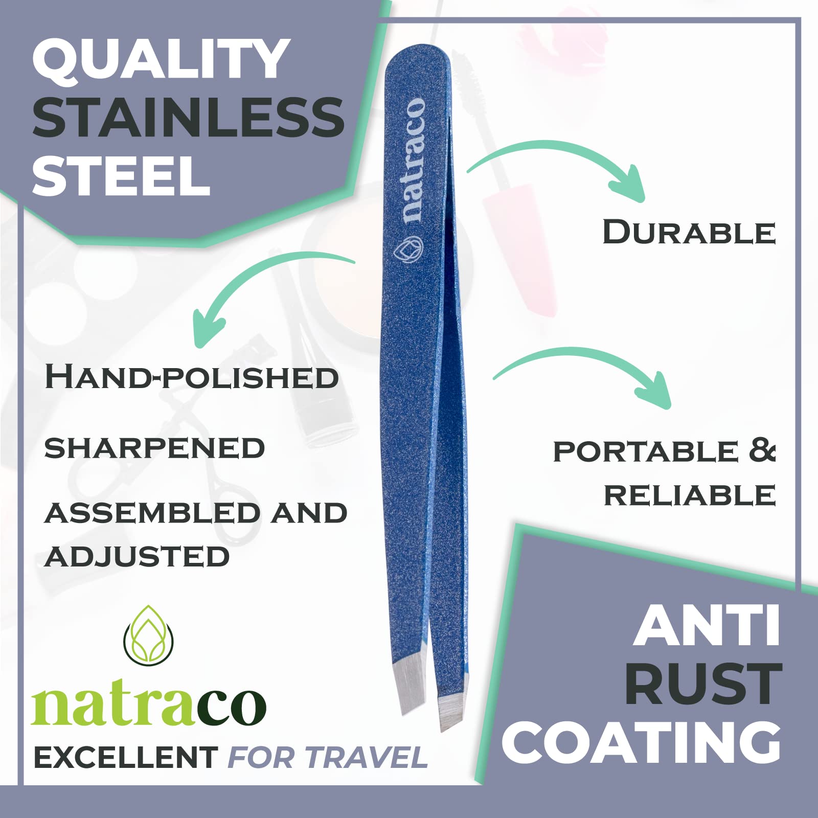Stainless Steel Slant Precision Tweezers β Professional Tweezers for Eyebrows & Hair Removal β Stainless Steel & Blue Textured (Pack of 2)