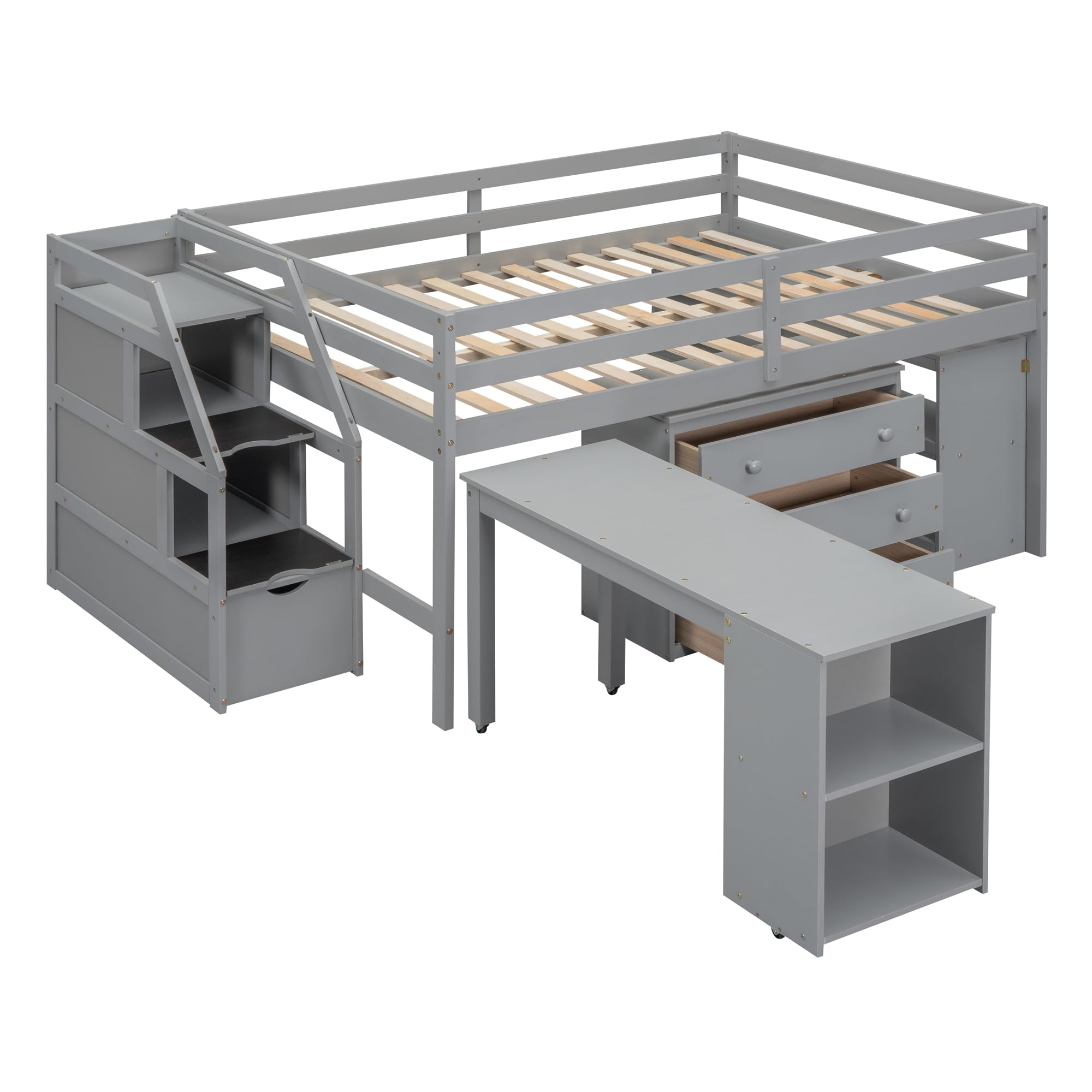 Merax Full Size Loft Bed with Retractable Writing Desk and 3 Drawers, Wooden Loft Bed