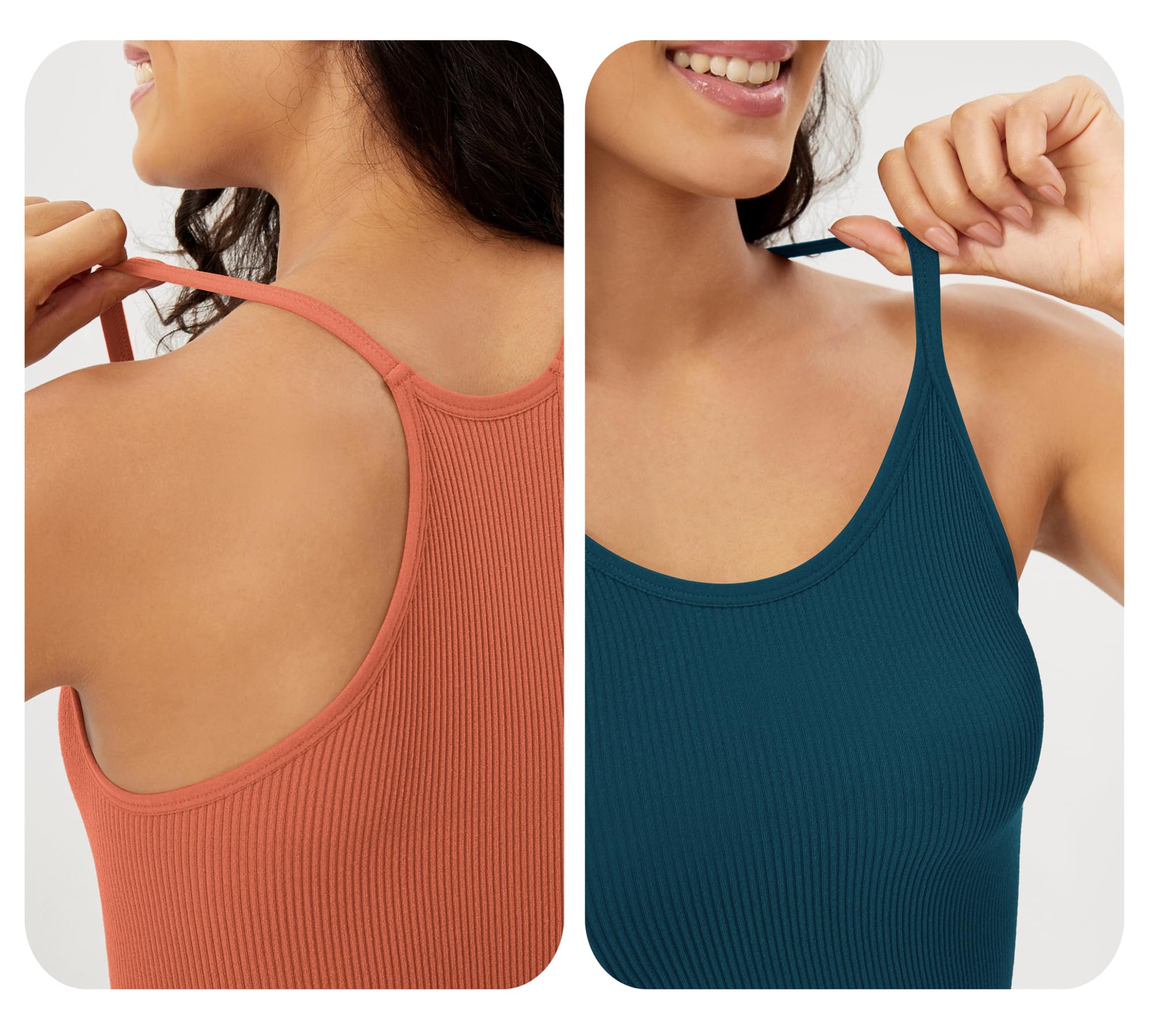 ODODOS Women's Crop Camisole 3-Pack Washed Seamless Rib-Knit Crop Tank Tops, Beige Coral Teal, Medium/Large