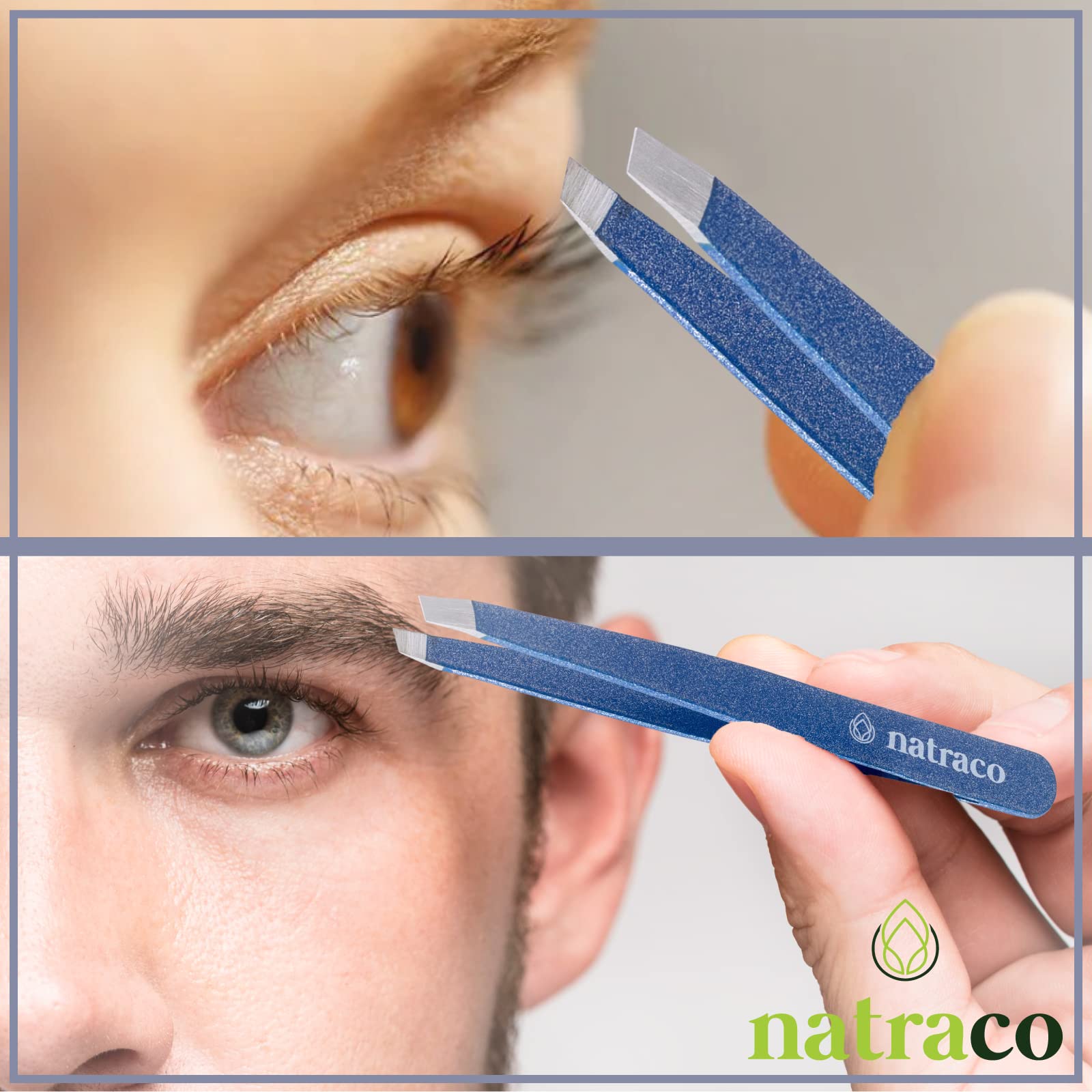 Stainless Steel Slant Precision Tweezers β Professional Tweezers for Eyebrows & Hair Removal β Stainless Steel & Blue Textured (Pack of 2)