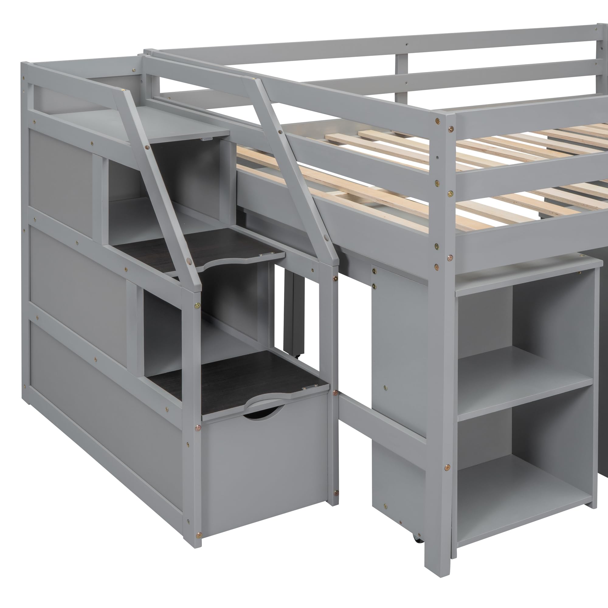 Merax Full Size Loft Bed with Retractable Writing Desk and 3 Drawers, Wooden Loft Bed