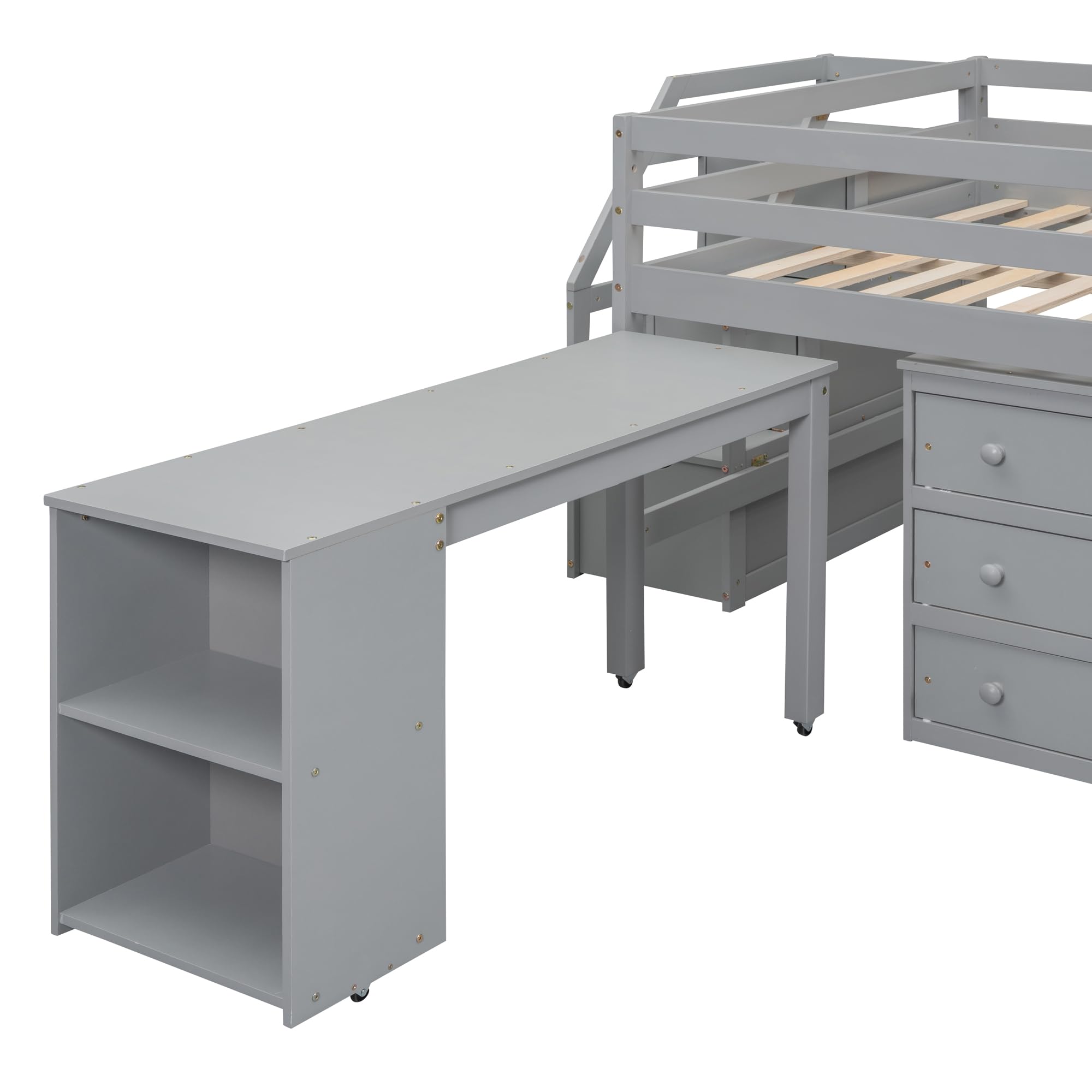 Merax Full Size Loft Bed with Retractable Writing Desk and 3 Drawers, Wooden Loft Bed