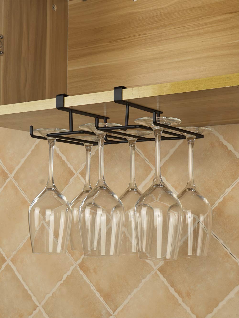 Bafvt Wine Glass And Mug Holder - 3 Rows Stemware Rack Under Cabinet25cm - black 304 Stainless Steel Hanger Storage Shelf, Fit for The Cabinet 0.8“ or Less