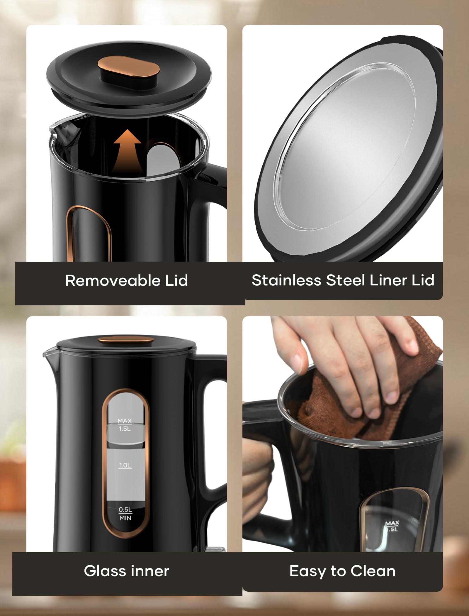 Electric Kettle, 304 Stainless Steel Interior, BPA-Free, Double Wall 1.5L Hot Water Boiler, 1500W Tea Kettle with Auto Shut-Off & Boil Dry Protection, Cordless Base & LED Indicator