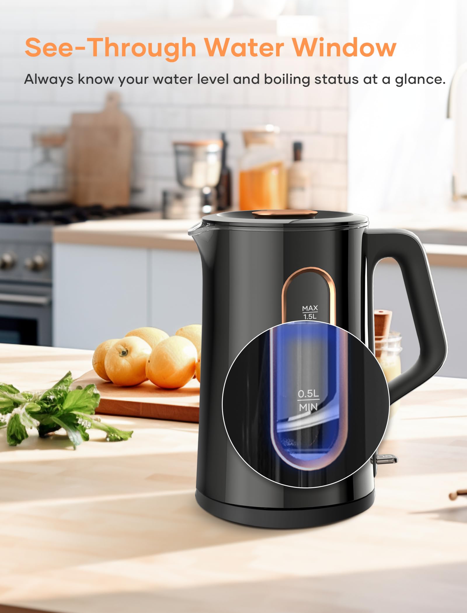 Electric Kettle, 304 Stainless Steel Interior, BPA-Free, Double Wall 1.5L Hot Water Boiler, 1500W Tea Kettle with Auto Shut-Off & Boil Dry Protection, Cordless Base & LED Indicator