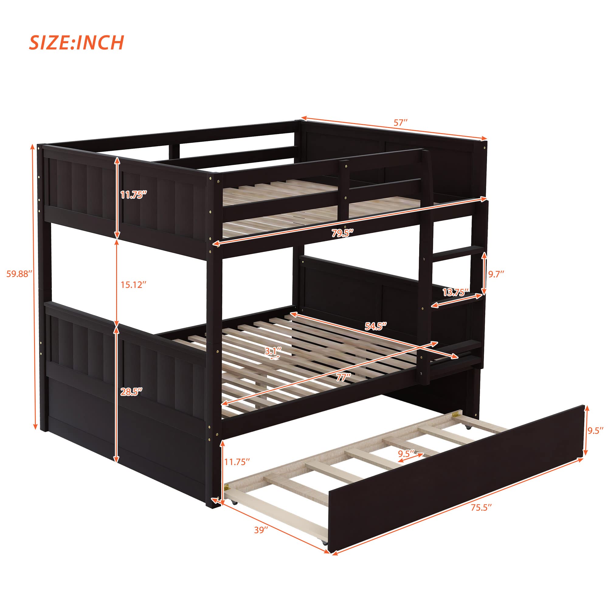 RUNWON Solid Wood Full Over Full Bunk Bed with Trundle and Ladder for Kids Adults Bedroom,Can be Split into Two Separate Beds