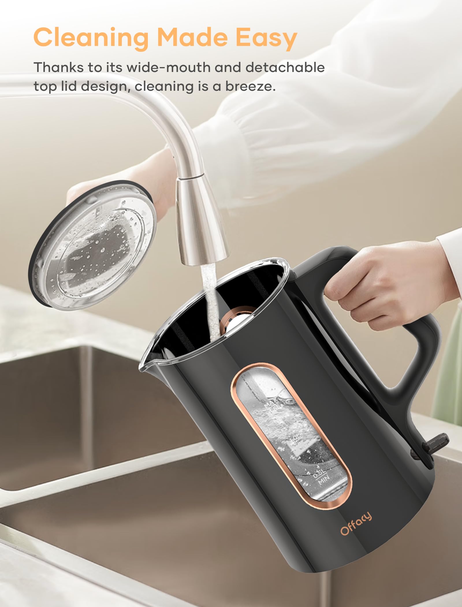 Electric Kettle, 304 Stainless Steel Interior, BPA-Free, Double Wall 1.5L Hot Water Boiler, 1500W Tea Kettle with Auto Shut-Off & Boil Dry Protection, Cordless Base & LED Indicator