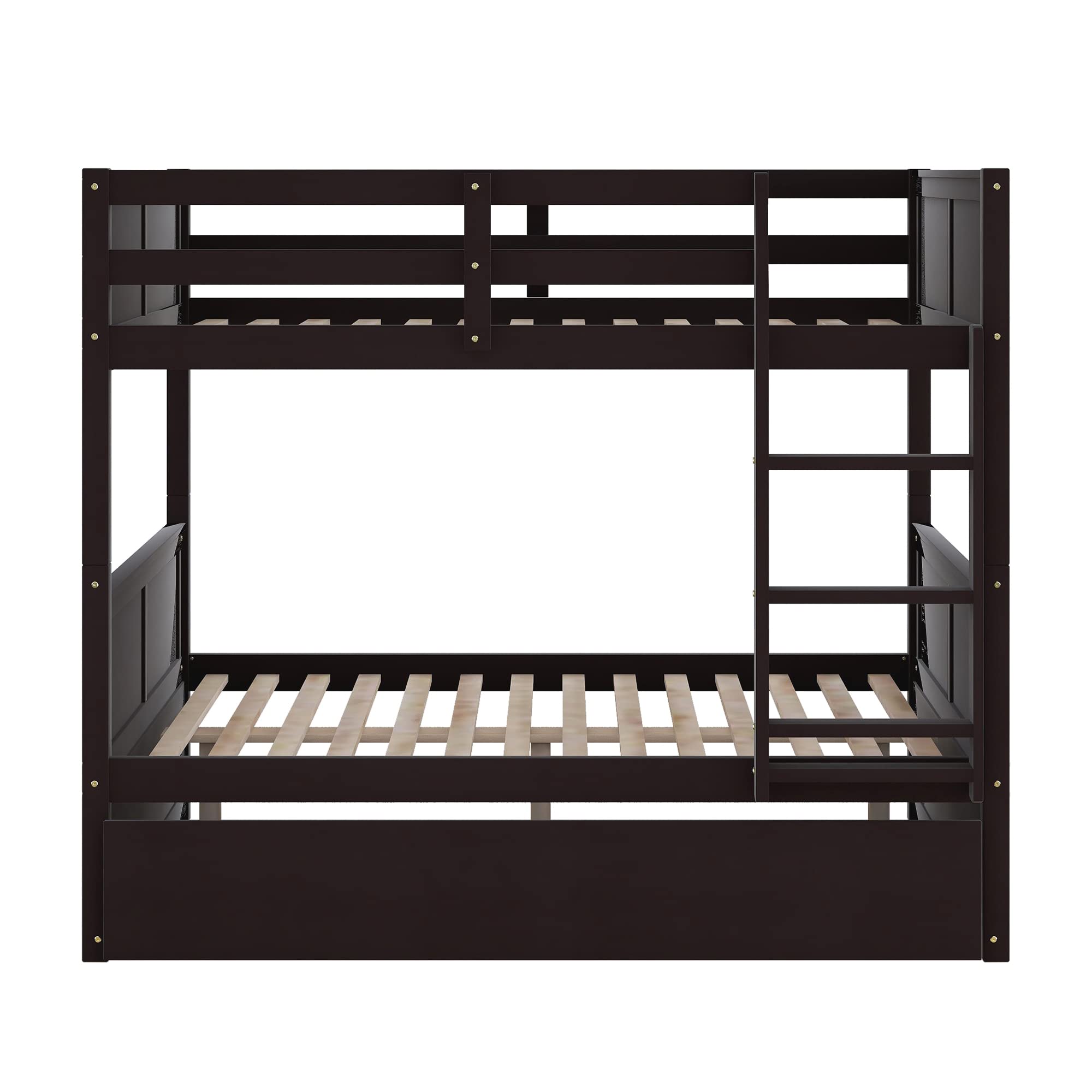 RUNWON Solid Wood Full Over Full Bunk Bed with Trundle and Ladder for Kids Adults Bedroom,Can be Split into Two Separate Beds