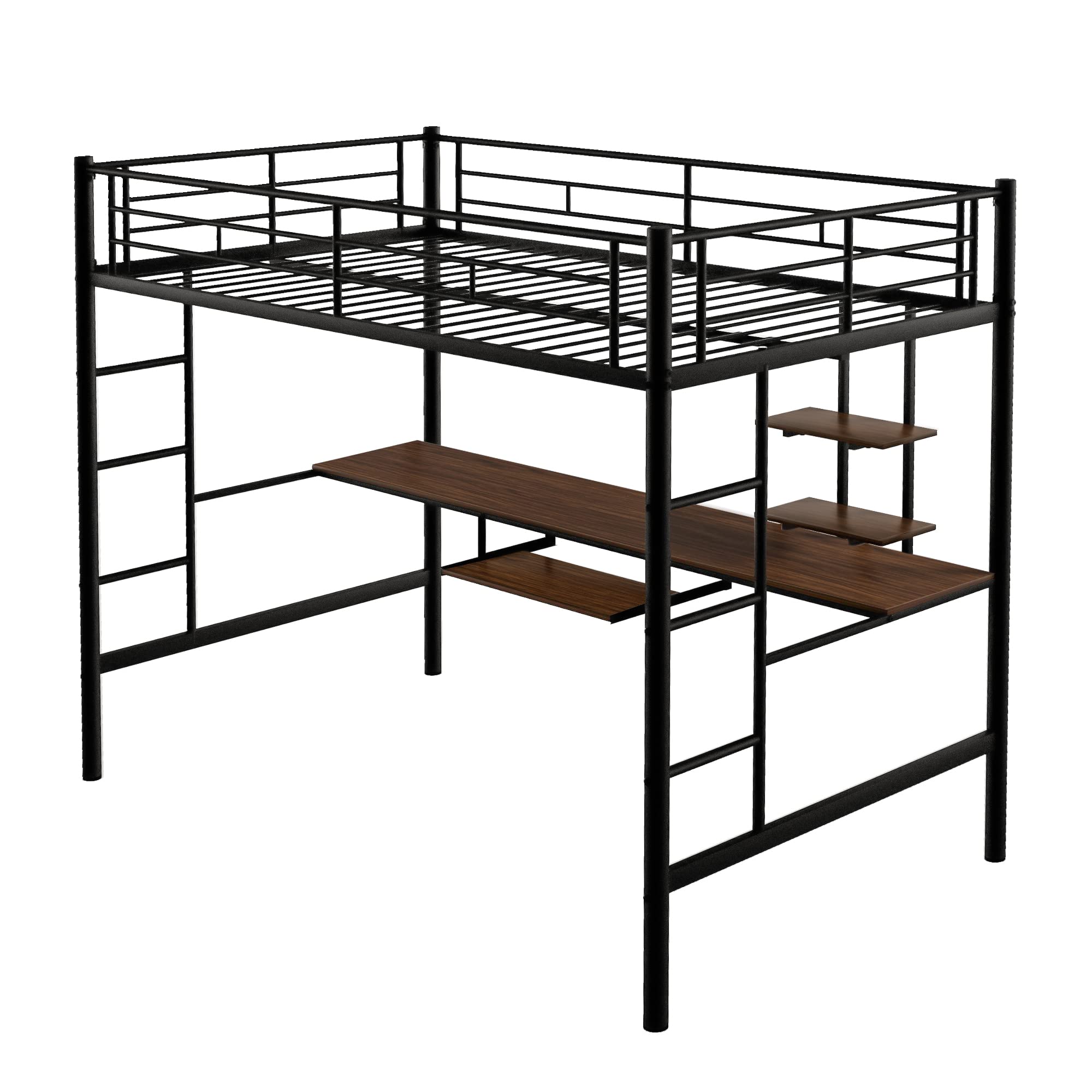 SOFTSEA Full Size High Loft Bed with Desk and Keyboard Metal Loft Bed for Kids