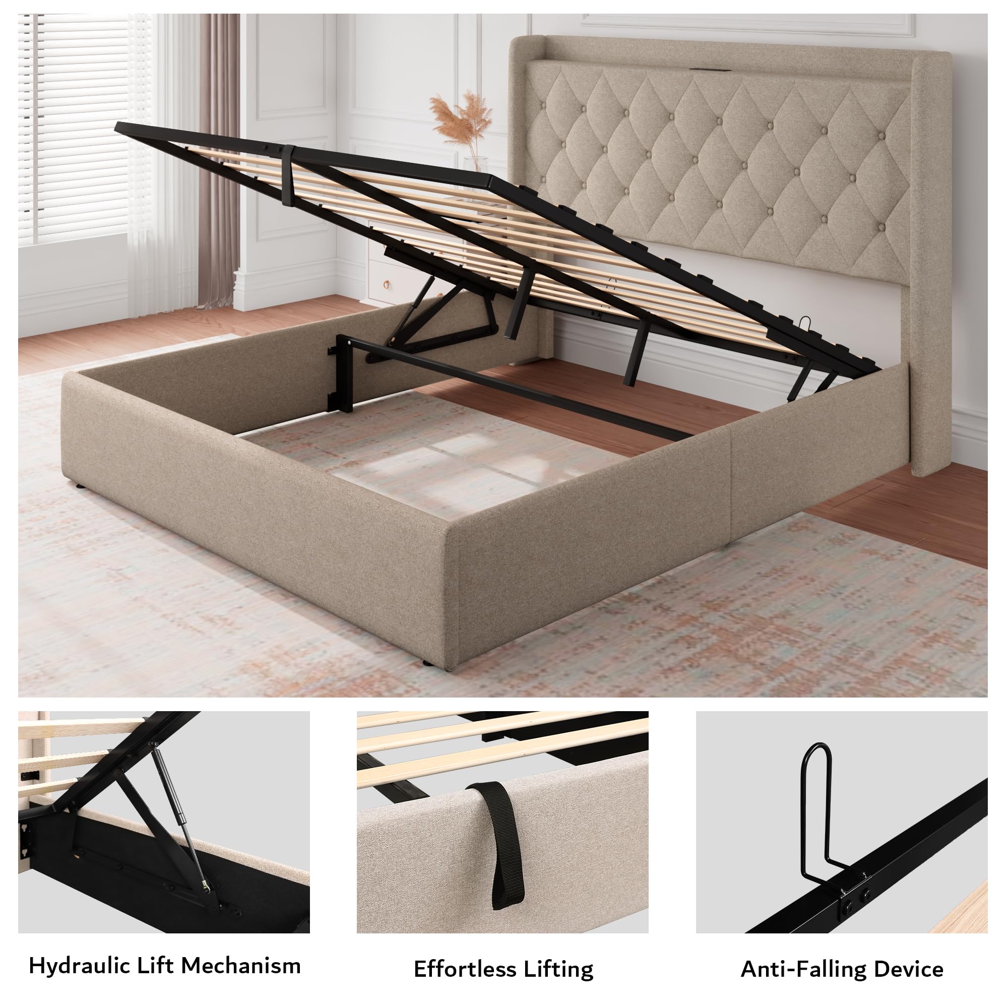 iPormis Queen Size Lift Up Storage Bed Frame with Charging Station, Upholstered Platform Bed Frame with Tufted Headboard, Hydraulic Storage, No Box Spring Needed, Noise-Free, Easy Assembly, Beige