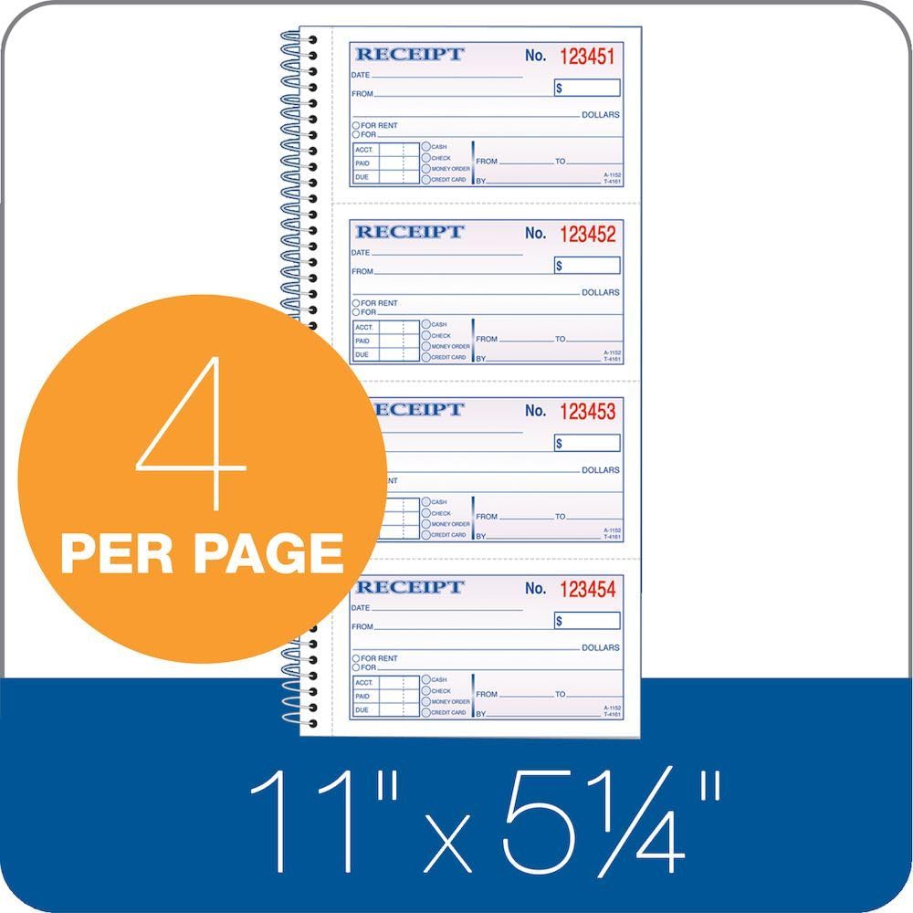 TOPS Money/Rent Receipt Book, 2-Part, Carbonless, 11 x 5.25 Inches, 4 Receipts/Page, 200 Sets per Book (4161) , White