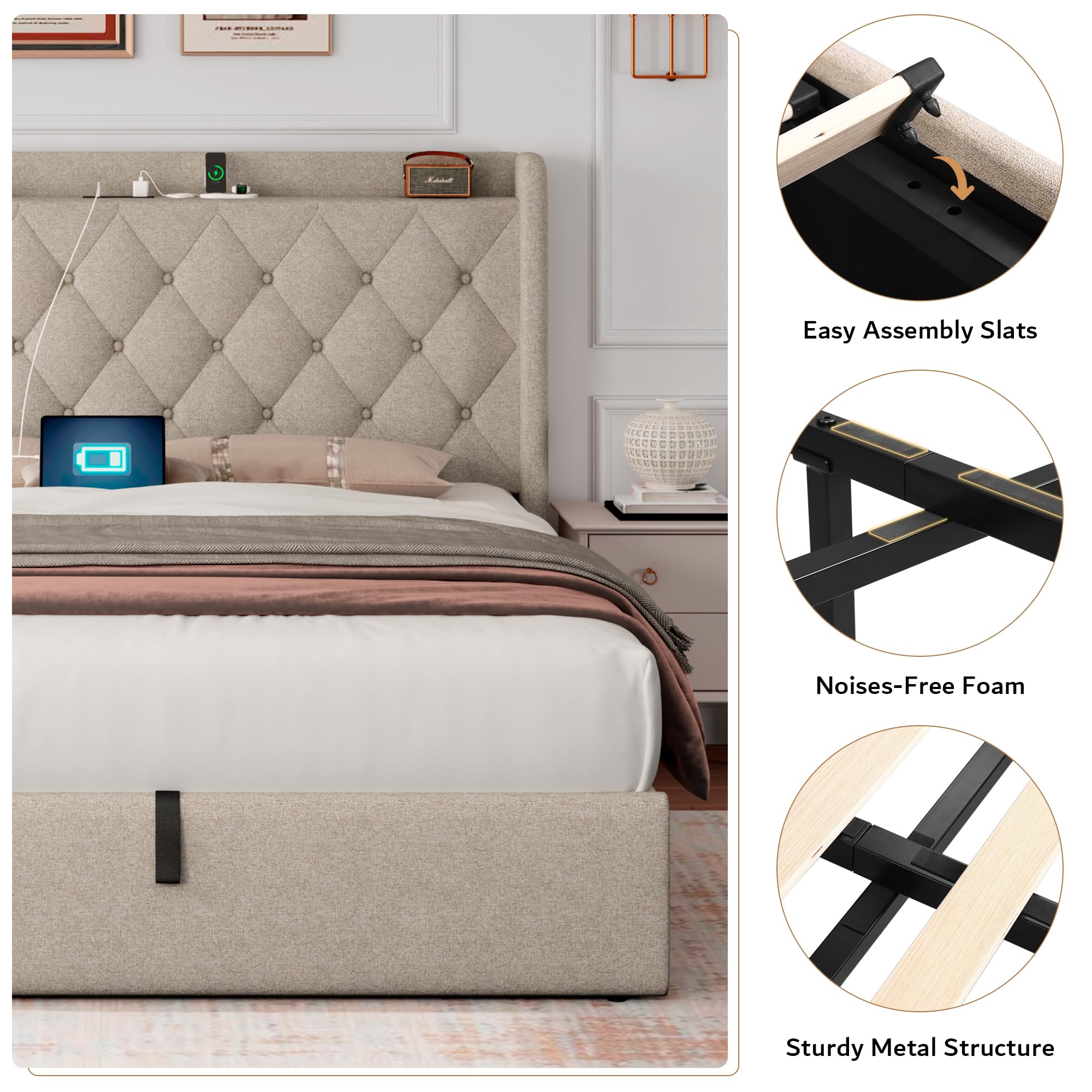 iPormis Queen Size Lift Up Storage Bed Frame with Charging Station, Upholstered Platform Bed Frame with Tufted Headboard, Hydraulic Storage, No Box Spring Needed, Noise-Free, Easy Assembly, Beige