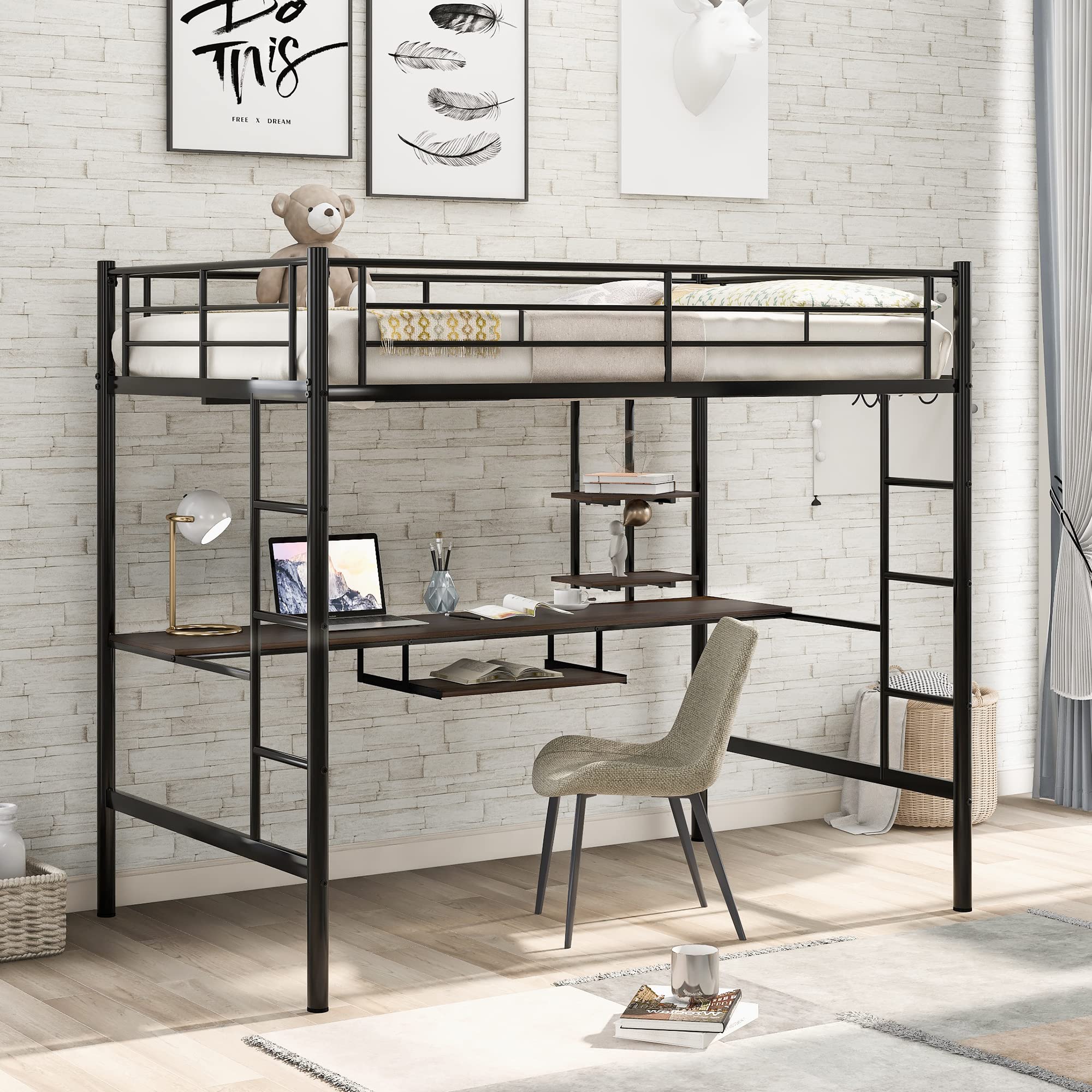 SOFTSEA Full Size High Loft Bed with Desk and Keyboard Metal Loft Bed for Kids